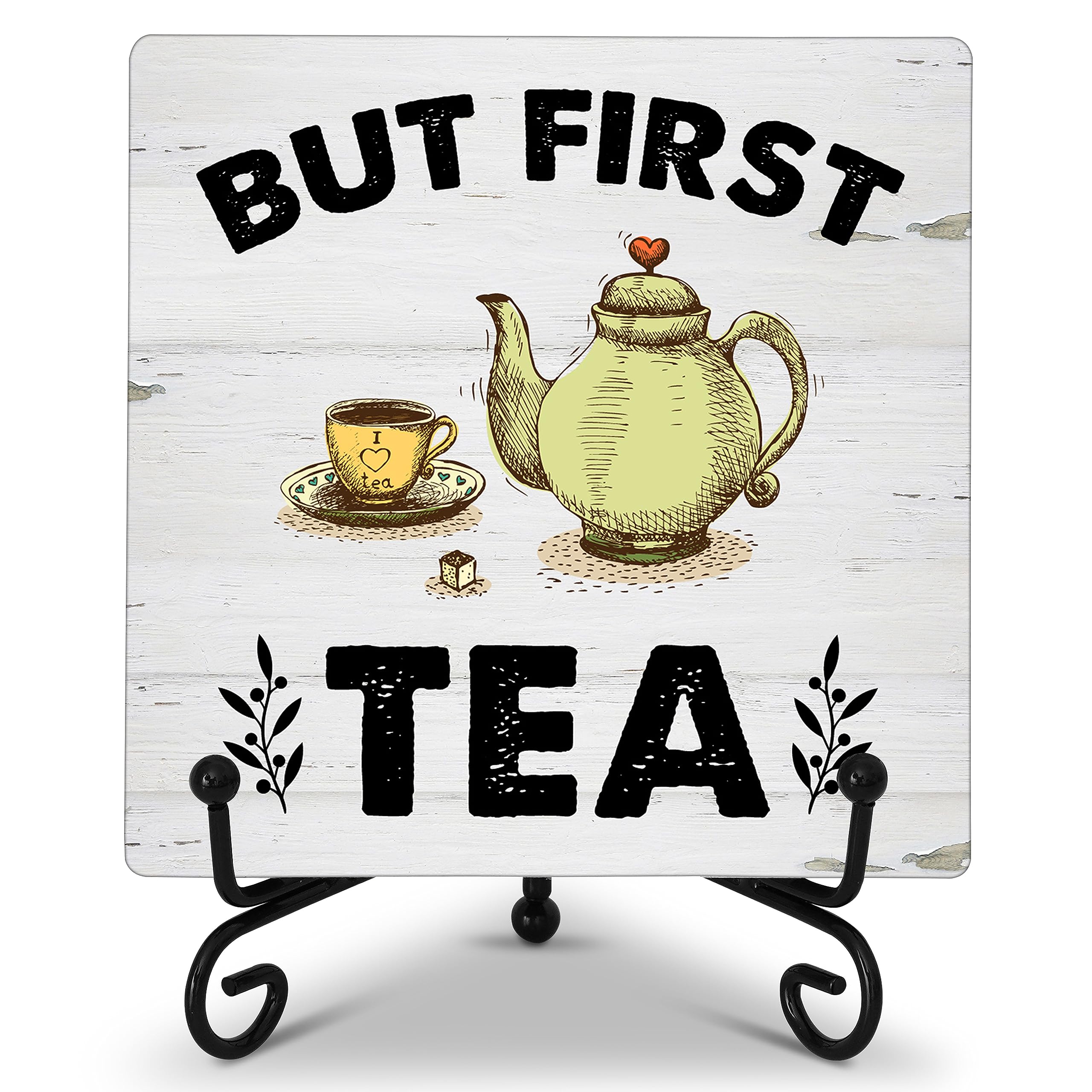 Amazon.com: But First Tea Wooden Sign Desk Decor, Teapot and Teacup ...