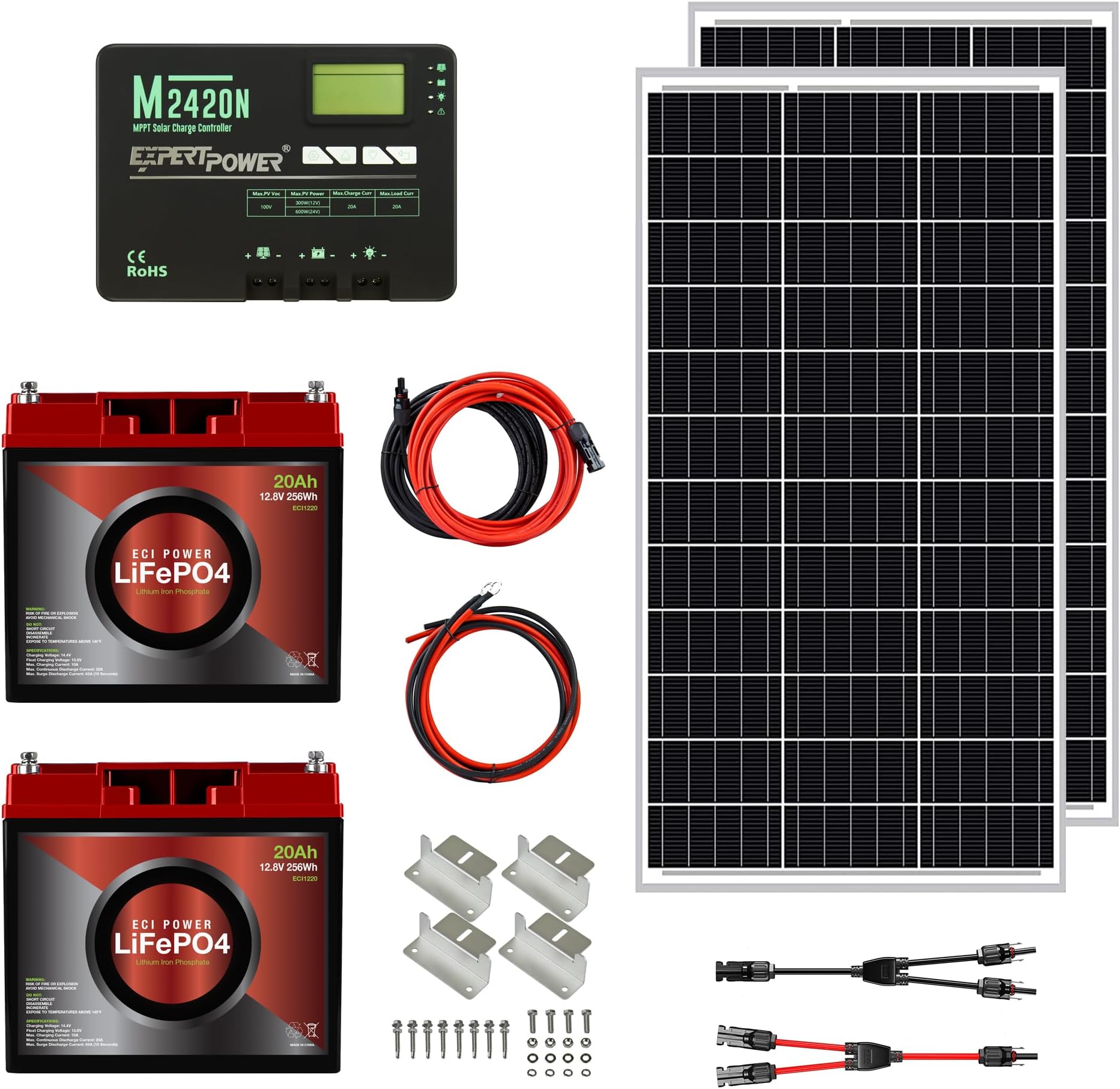 Amazon.com : ECI Power 200W 12V Solar Power Kit | 2 x 12V 20Ah LiFePO4 ...