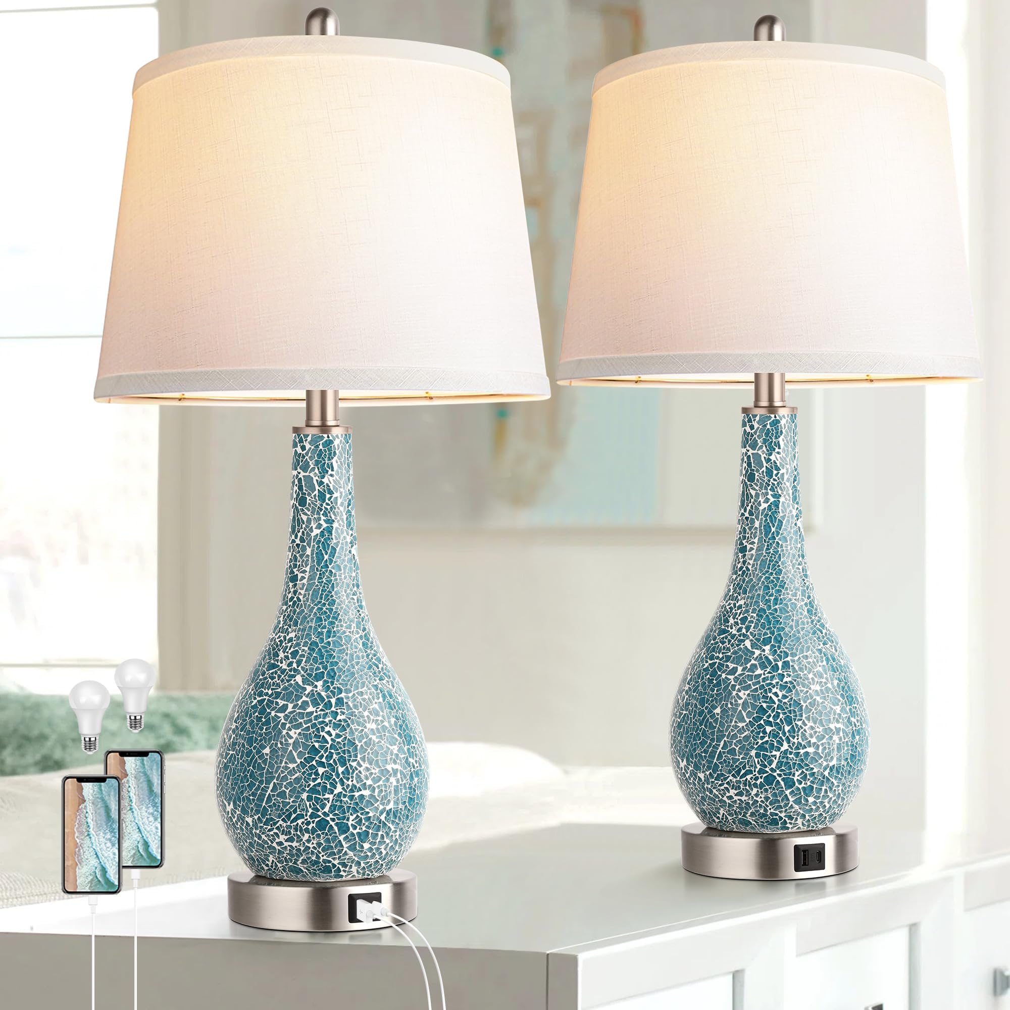 QiMH Blue Table Lamps for Bedroom Set of 2, Modern Bedside Lamp with ...