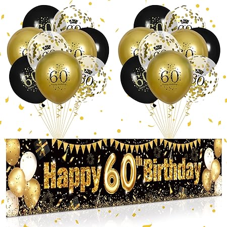 60 Geburtstag Deko Mann Frau 60 Happy Birthday Banner Schwarz Gold