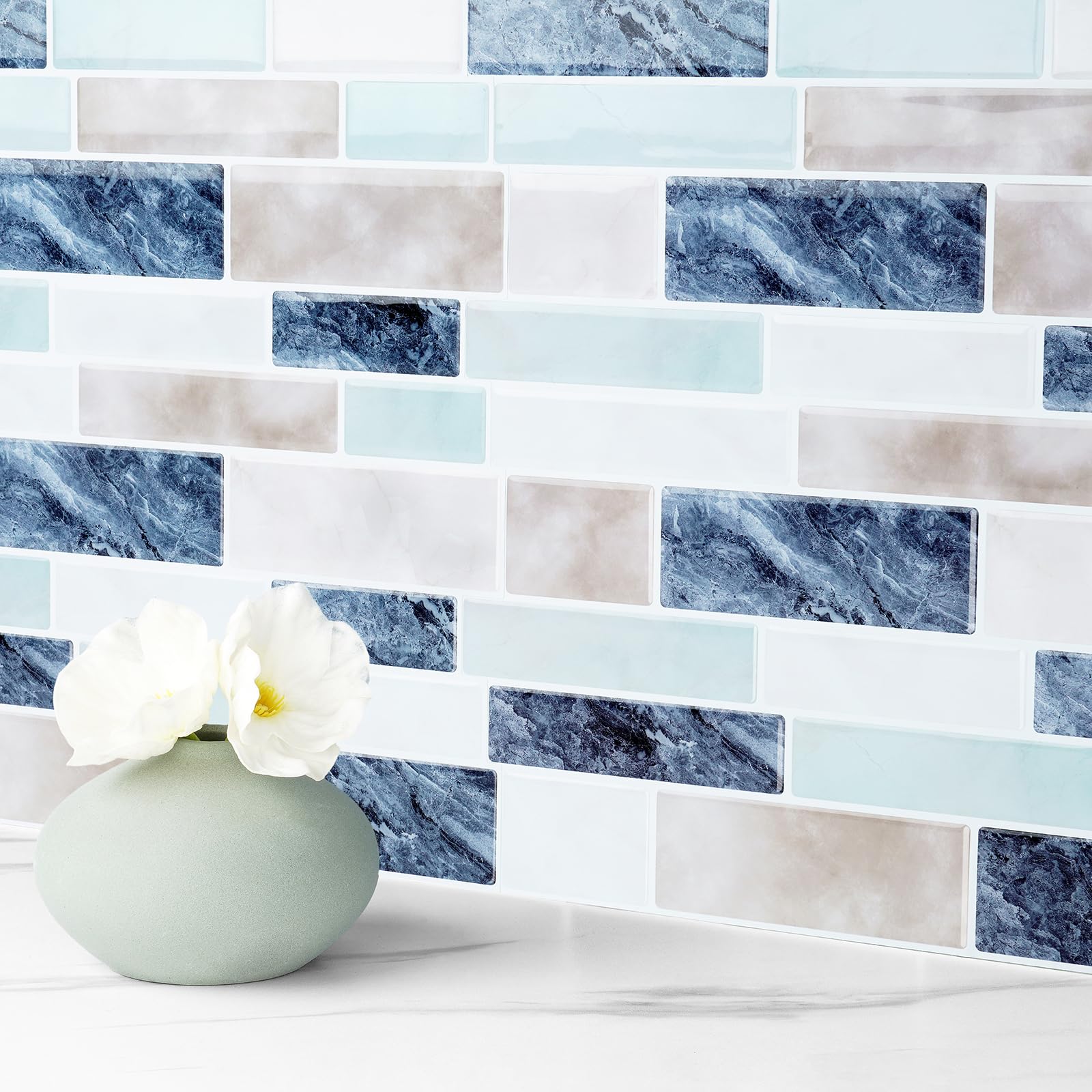 Amazon.com: FunStick 15-Sheet Blue and White Peel and Stick Backsplash ...