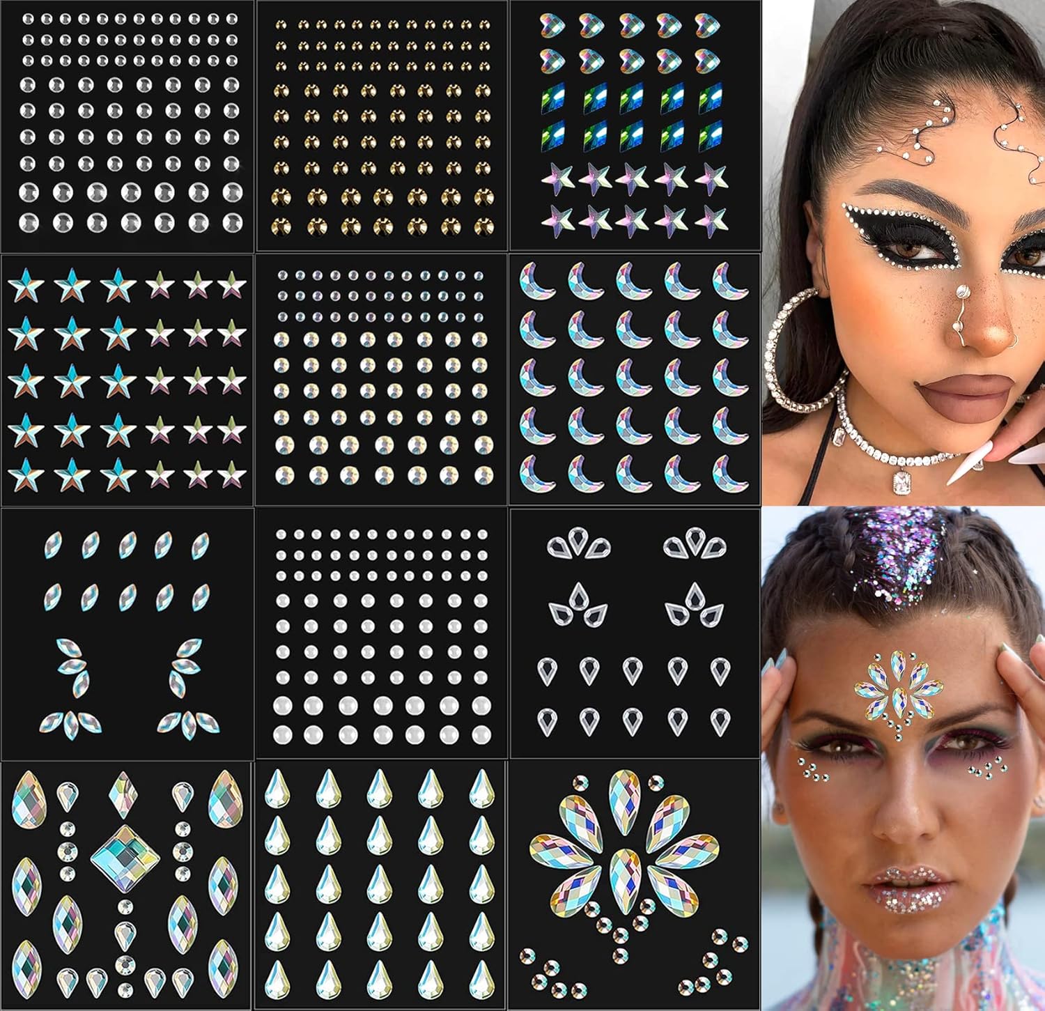 12 Sheets Self Adhesive Rhinestones for Makeup Eyes Face Jewels Gems ...