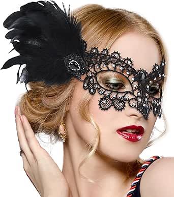 Amazon.com: Zinniday Black Feather Masquerade Masks - Halloween Lace ...