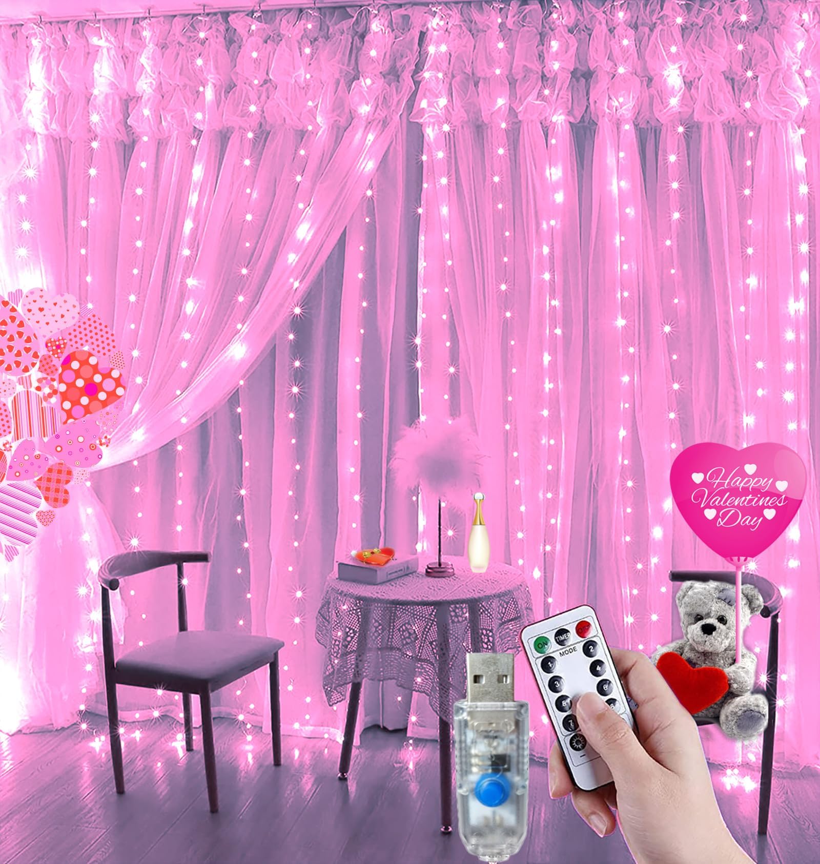 Amazon.com: Curtain Lights Pink Purple Fairy Lights for Bedroom Wall ...