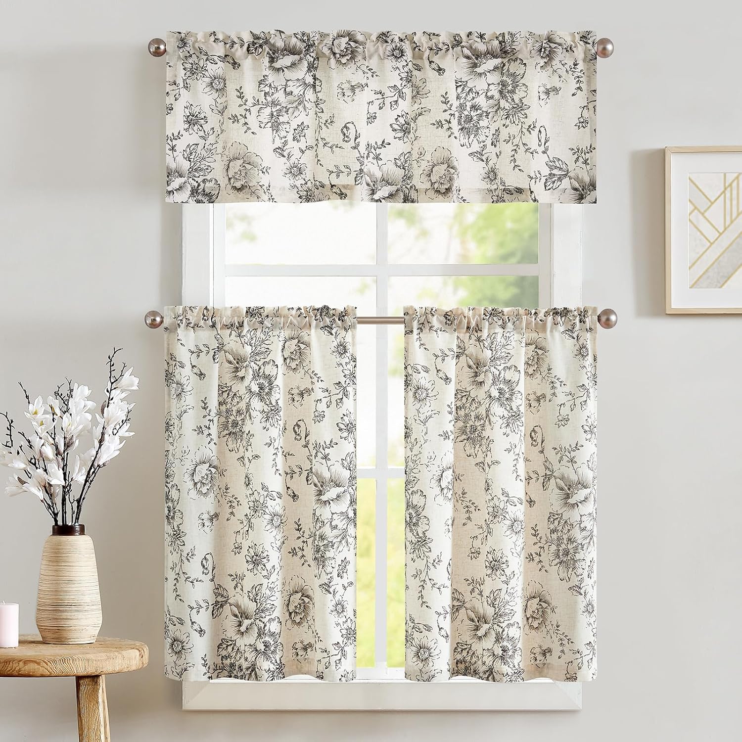 Amazon.com: jinchan Floral Kitchen Curtains Set Linen Tier Curtains and ...