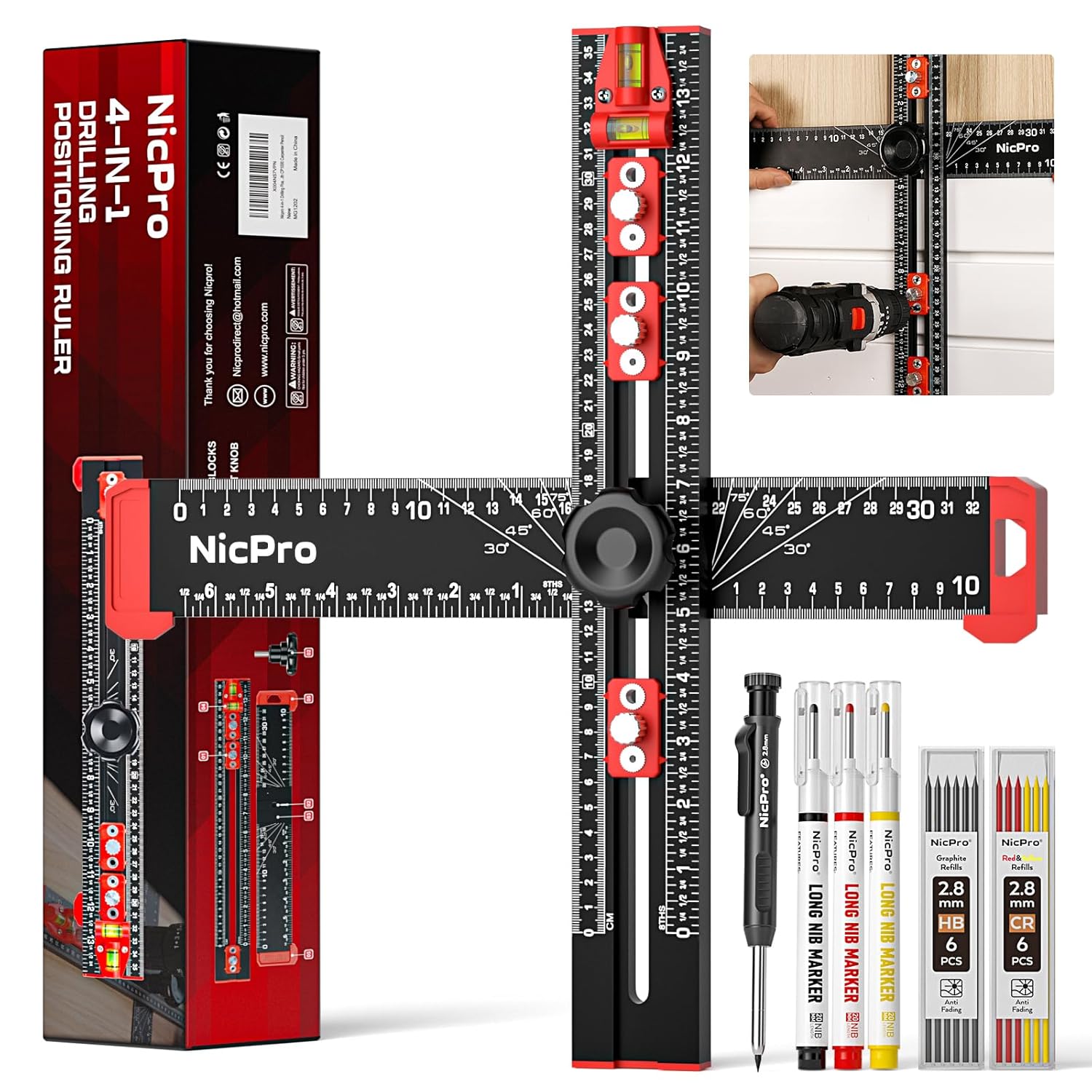 Nicpro 4-in-1 Drilling Positioning Scribing Ruler, Adjustable ...