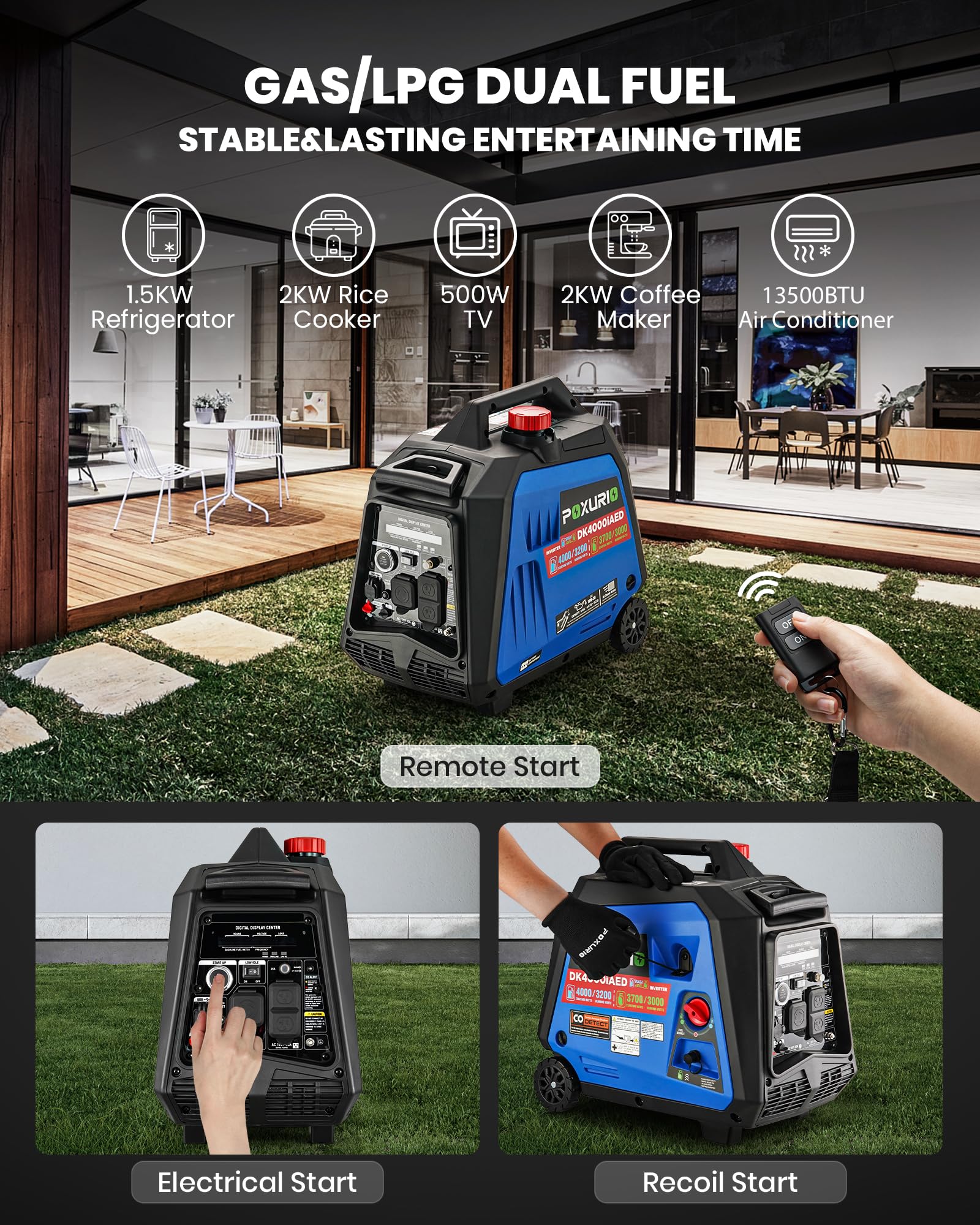 Snapklik.com : 4000 Watt Dual Fuel Inverter Generator, 120V Gas Propane ...