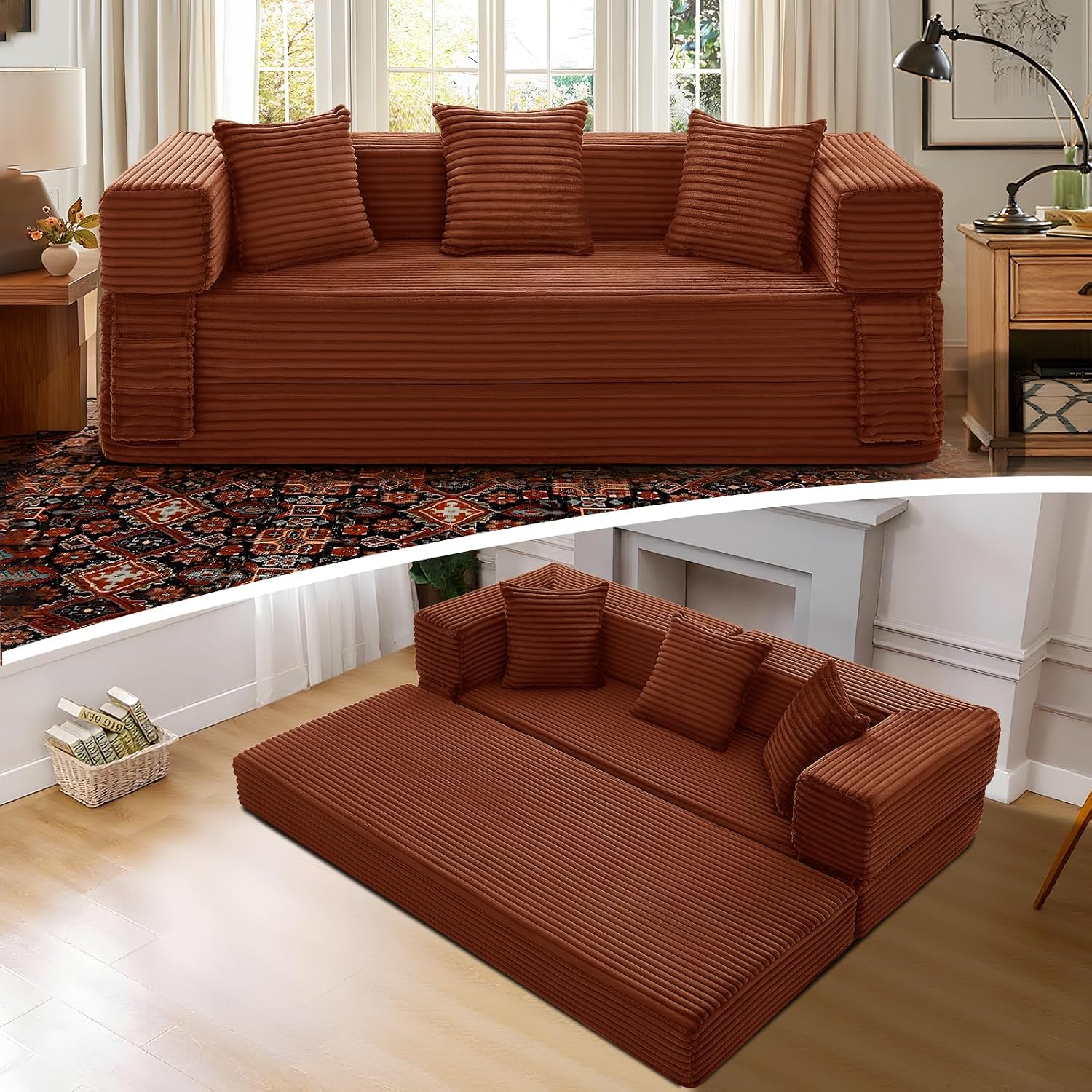 Amazon.com: KBQ 3-Seat Convertible Sleeper Sofa Bed with 3 Pillows ...