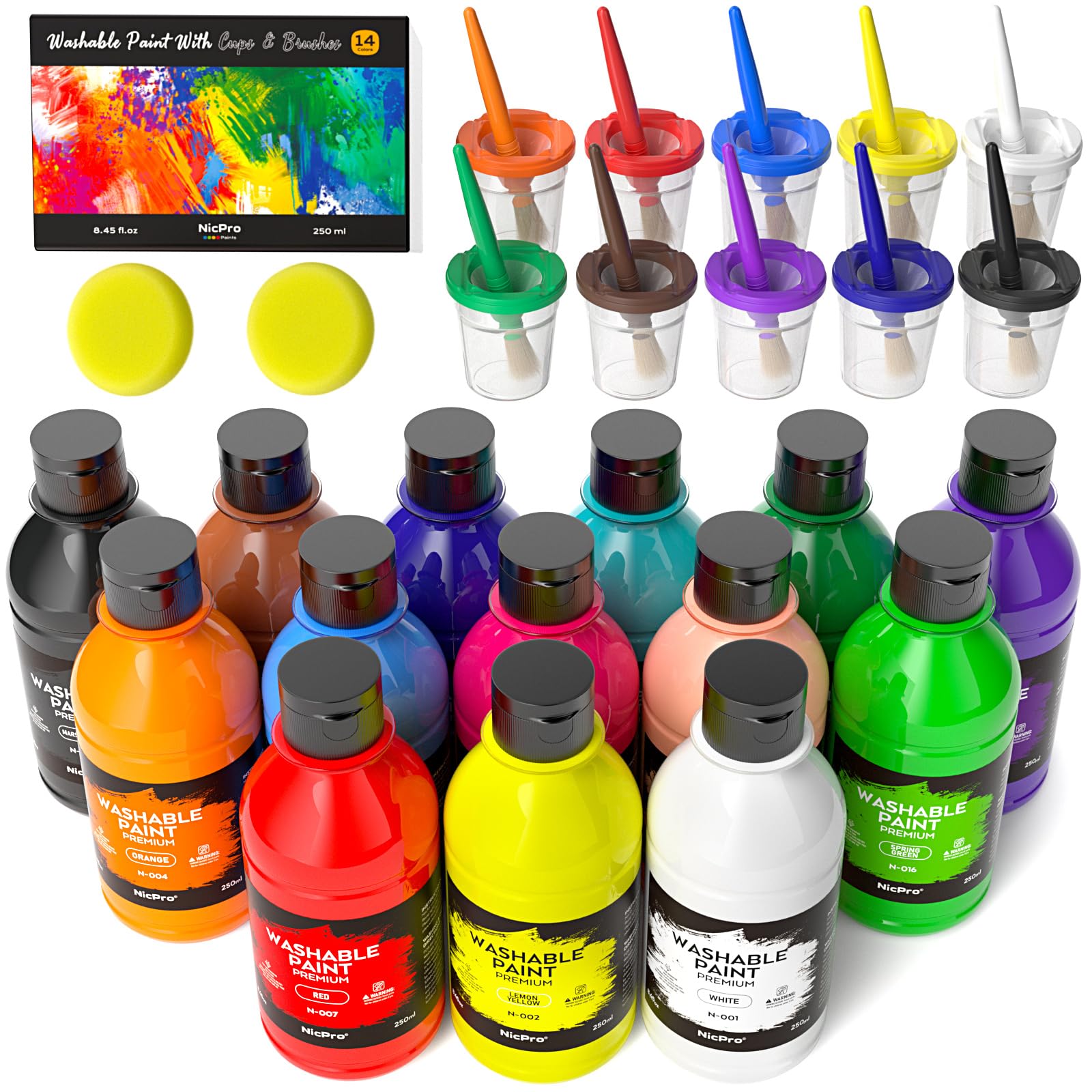 Amazon.com: Nicpro 14 Colors Large Washable Paint for Kids 8.4oz/250ml ...