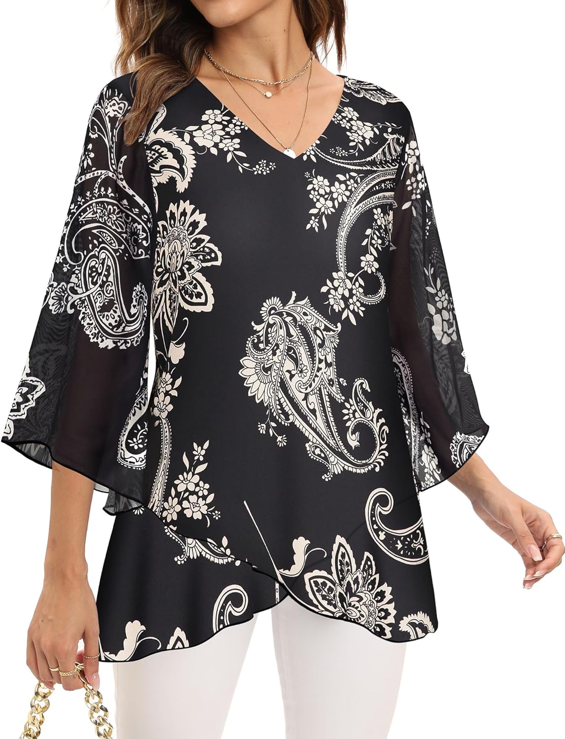 Miusey Dressy Tunic Tops For Women Elegant 3/4 Bell Sleeve Blouse Flowy ...