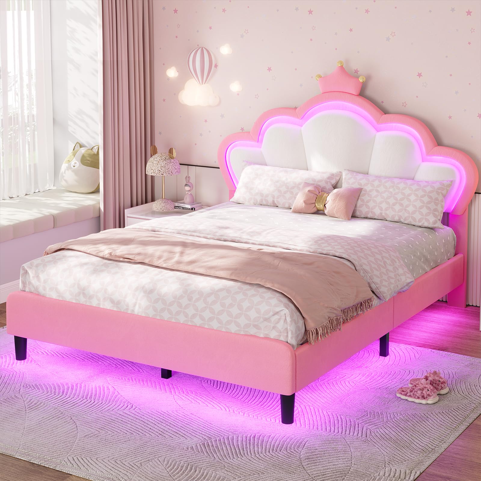 Amazon.com: ADORNEVE Full Bed Frame with LED Lights, Princess Bed with ...