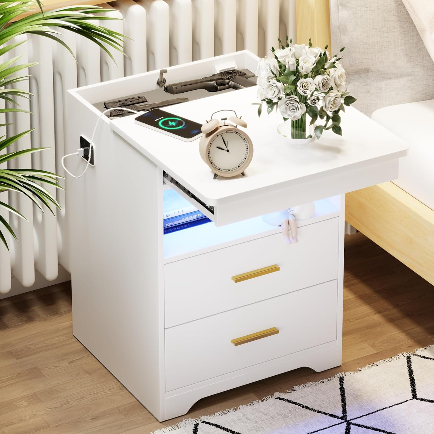 Amazon.com: Nightstand with Gun Drawer, Charging Bedside Table with USB ...