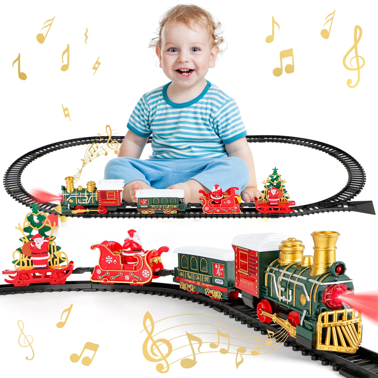 deAO Christmas Train Set with Light & Sounds, Christmas Tree Train Set ...
