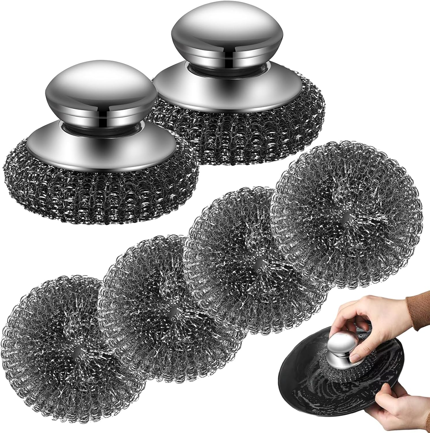 Stainless Steel Scourer With Handle, 2PCS Steel Wool Scrubber with 4 ...