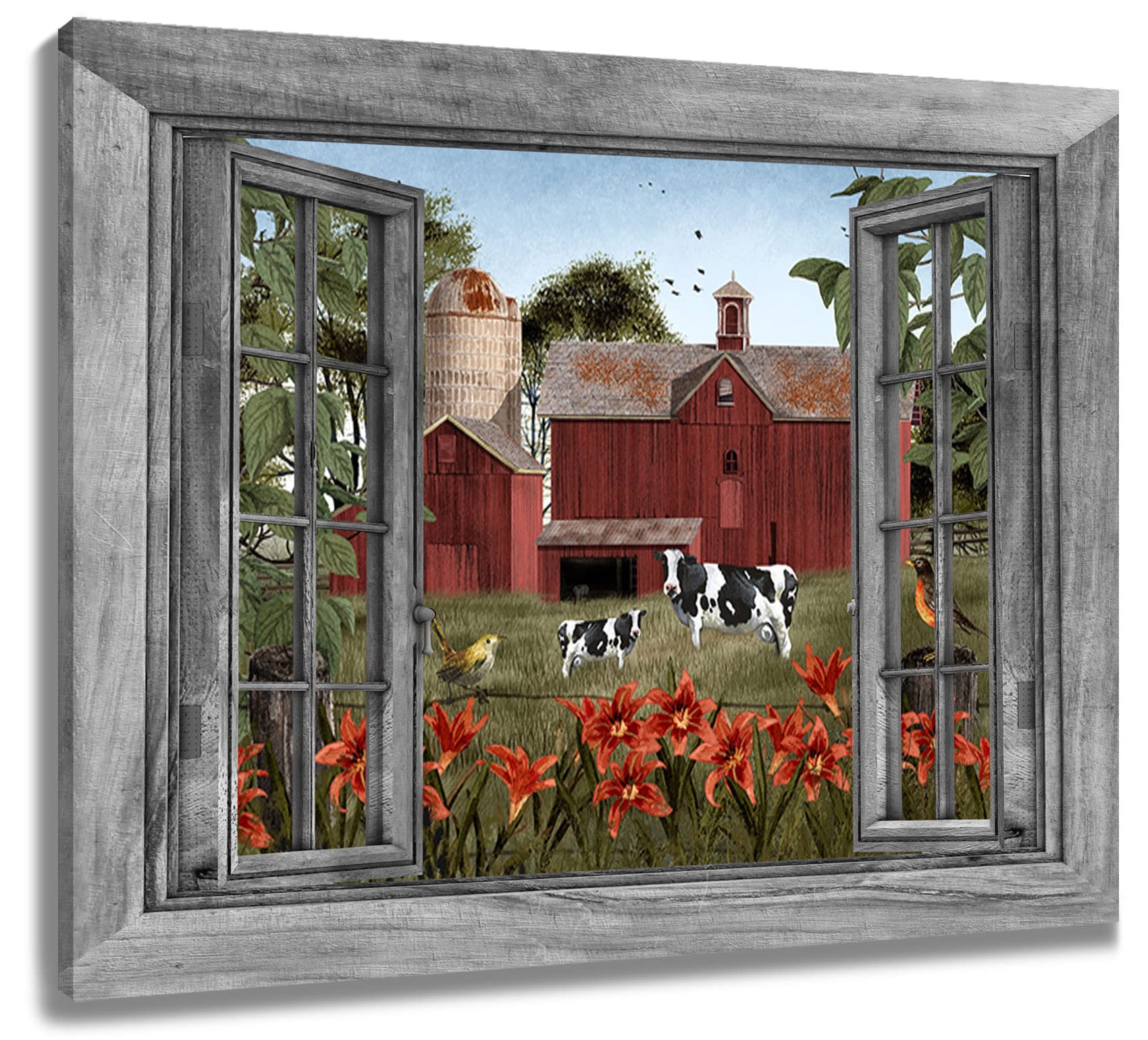 Amazon.com: LB Farmhouse Barns Framed Wall Art Red Vintage Farm Floral ...