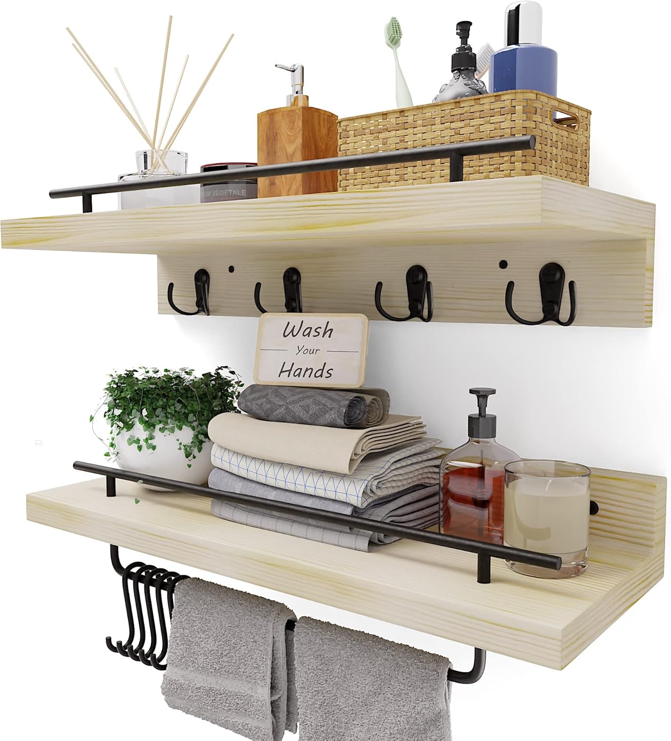 Amazon.com: Pine Floating Shelves with Hooks, Natural Wood Farmhouse ...