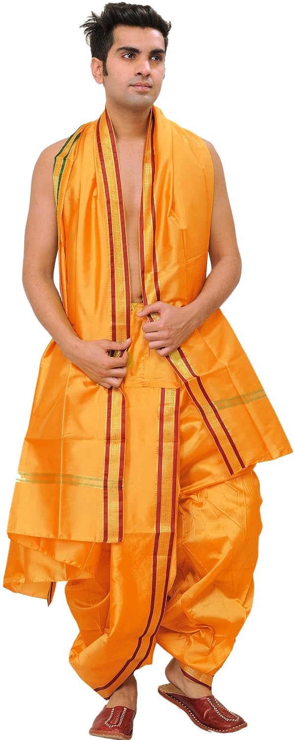 Buy Exotic India Ready to Wear Dhoti and Angavastram Set with Woven ...