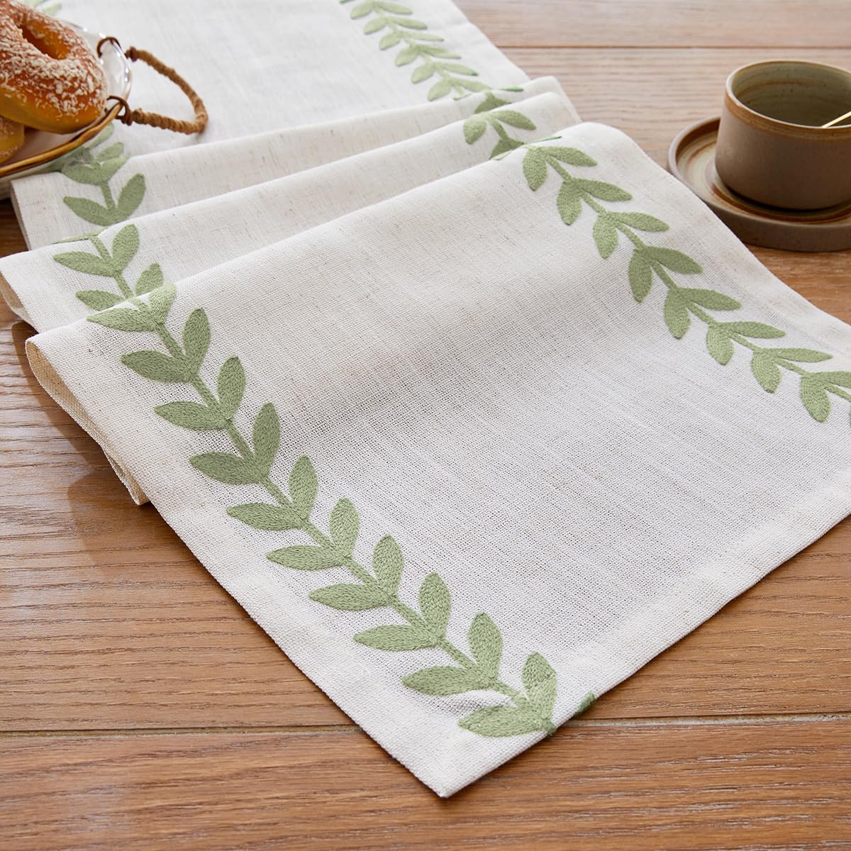 Wracra Linen Embroidered Table Runner, Irregular Willow Leaf Table ...