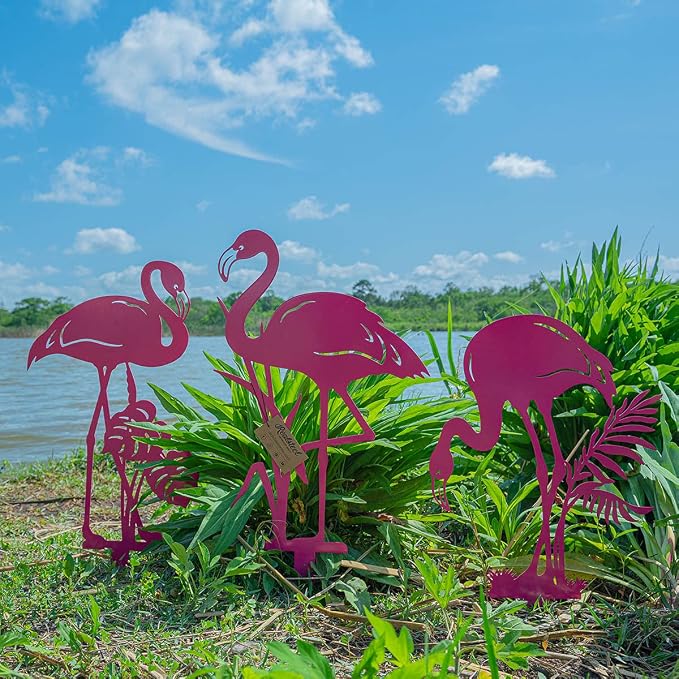 Amazon.com: RealSteel Pink Flamingo Yard Decorations – Set of 3 Metal ...