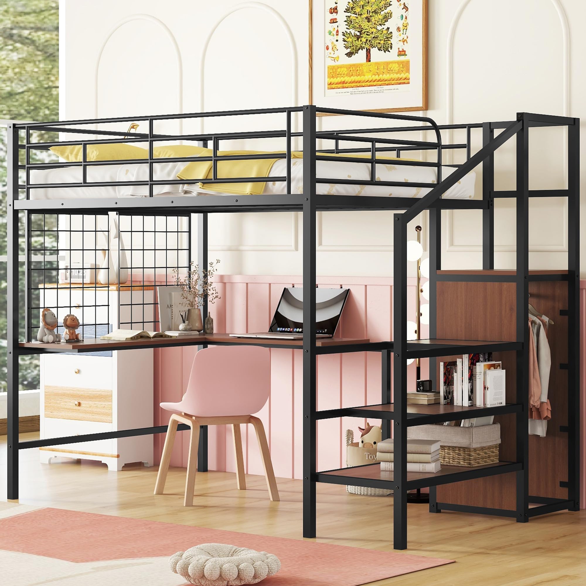 Amazon.com: Full Size Loft Bed with Desk and Storage Wardrobe, Heavy ...
