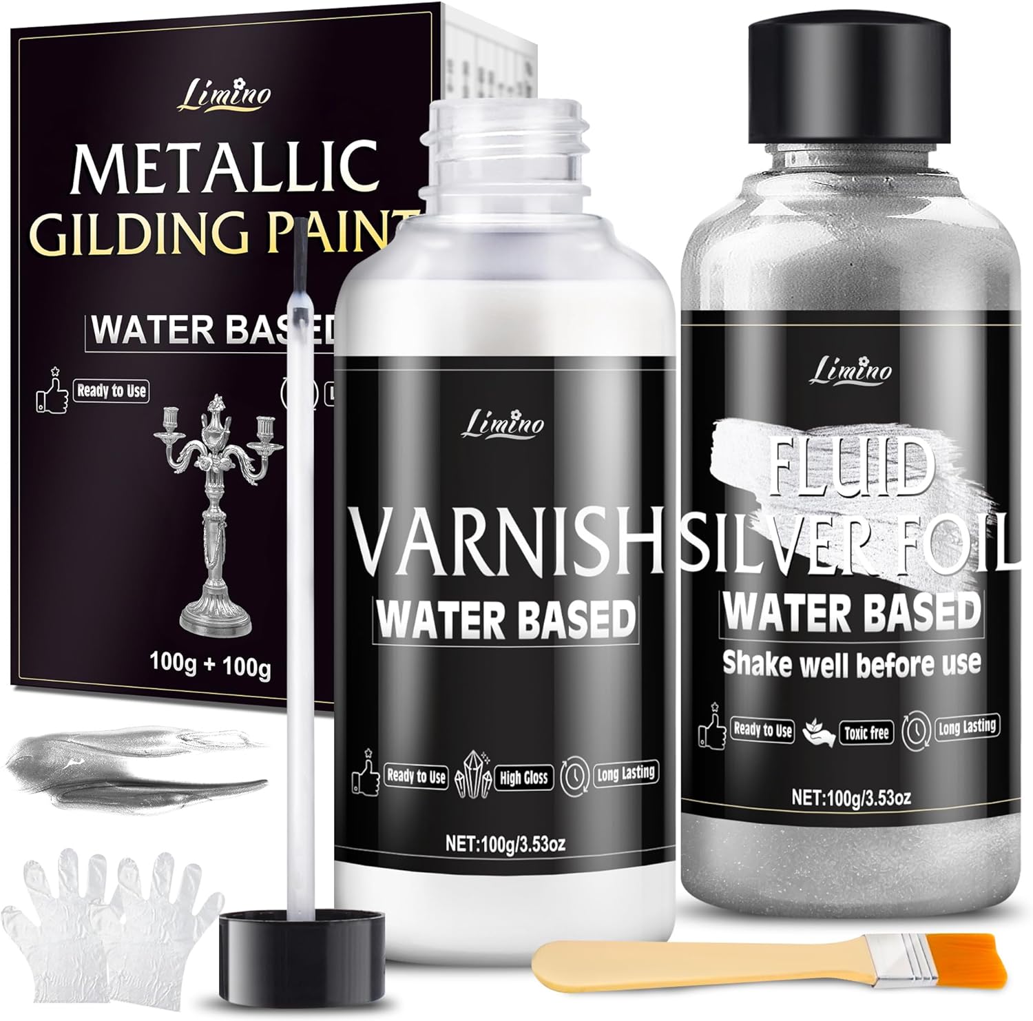 Metallic Silver Paint - 3.5oz Water Based Silver Leaf Paint and 3.5oz ...