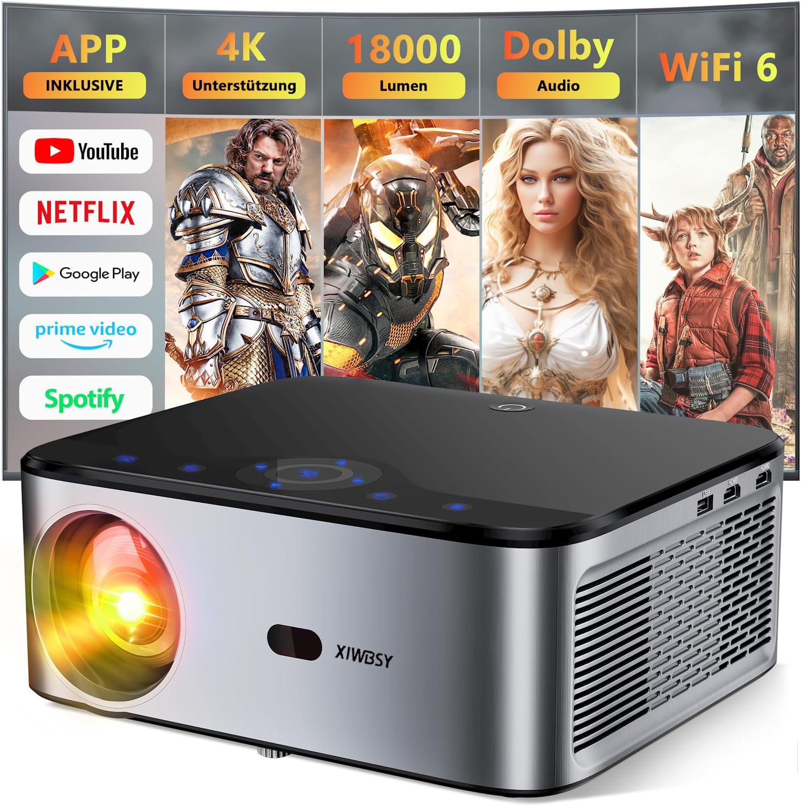XIWBSY Projector 4K Home Cinema, 18000 Lumens LED Projector Full HD Android 9.0, 5G WiFi ...
