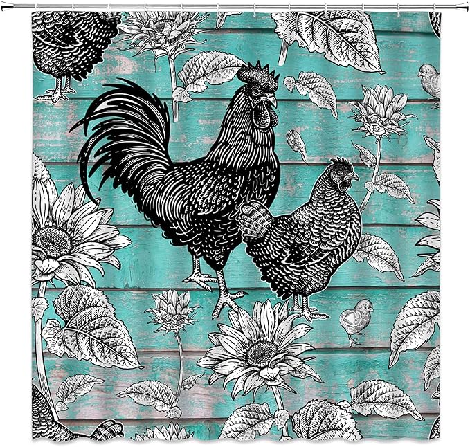 Amazon.com: Sunhe Rustic Farmhouse Chicken Shower Curtain Sunflower ...
