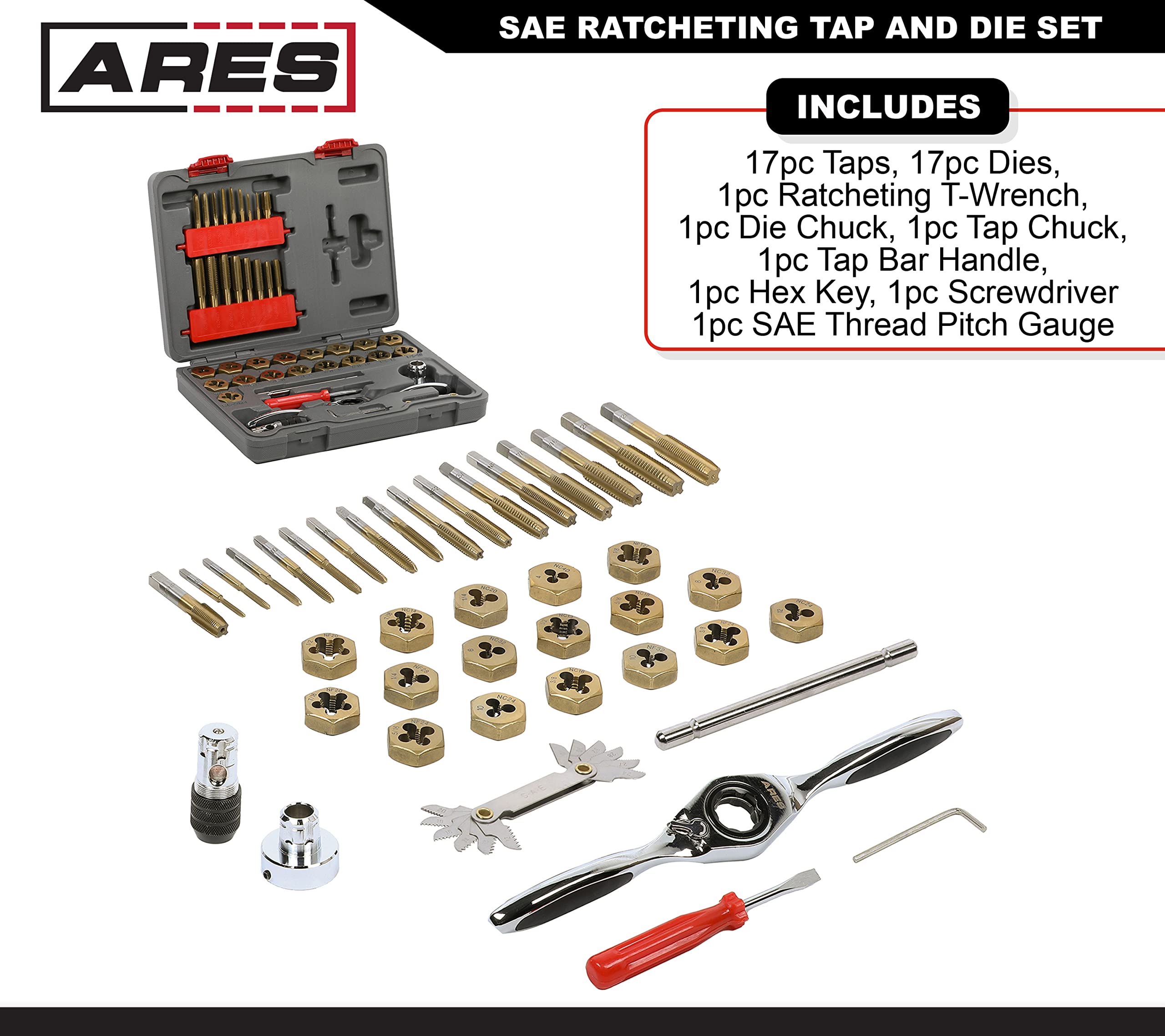 Snapklik.com : ARES 10081 41-Piece SAE Ratcheting Tap And Die Set SAE ...