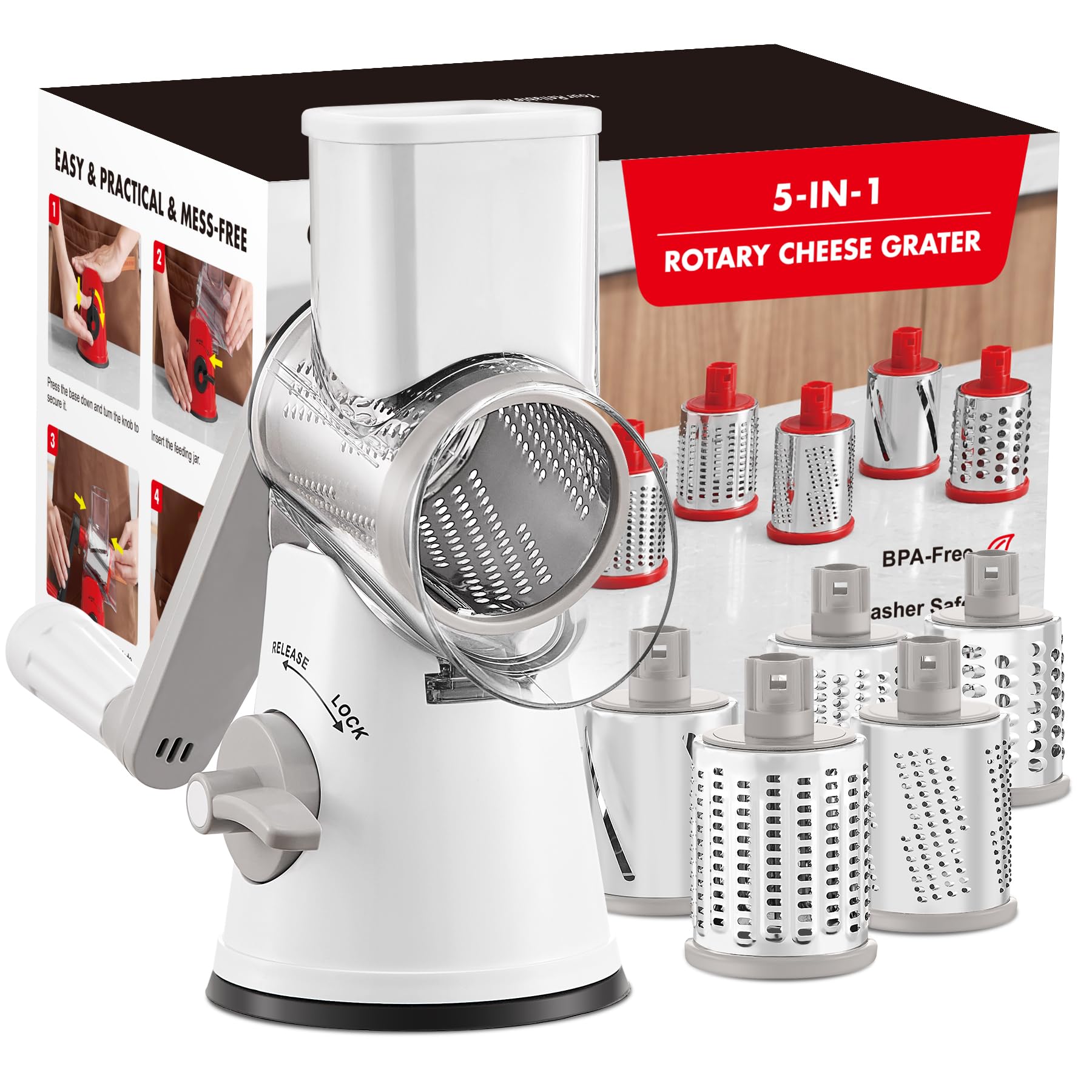 GDL Rotary Cheese Grater, Upgraded 5-in-1 Cheese Grater Hand Crank ...