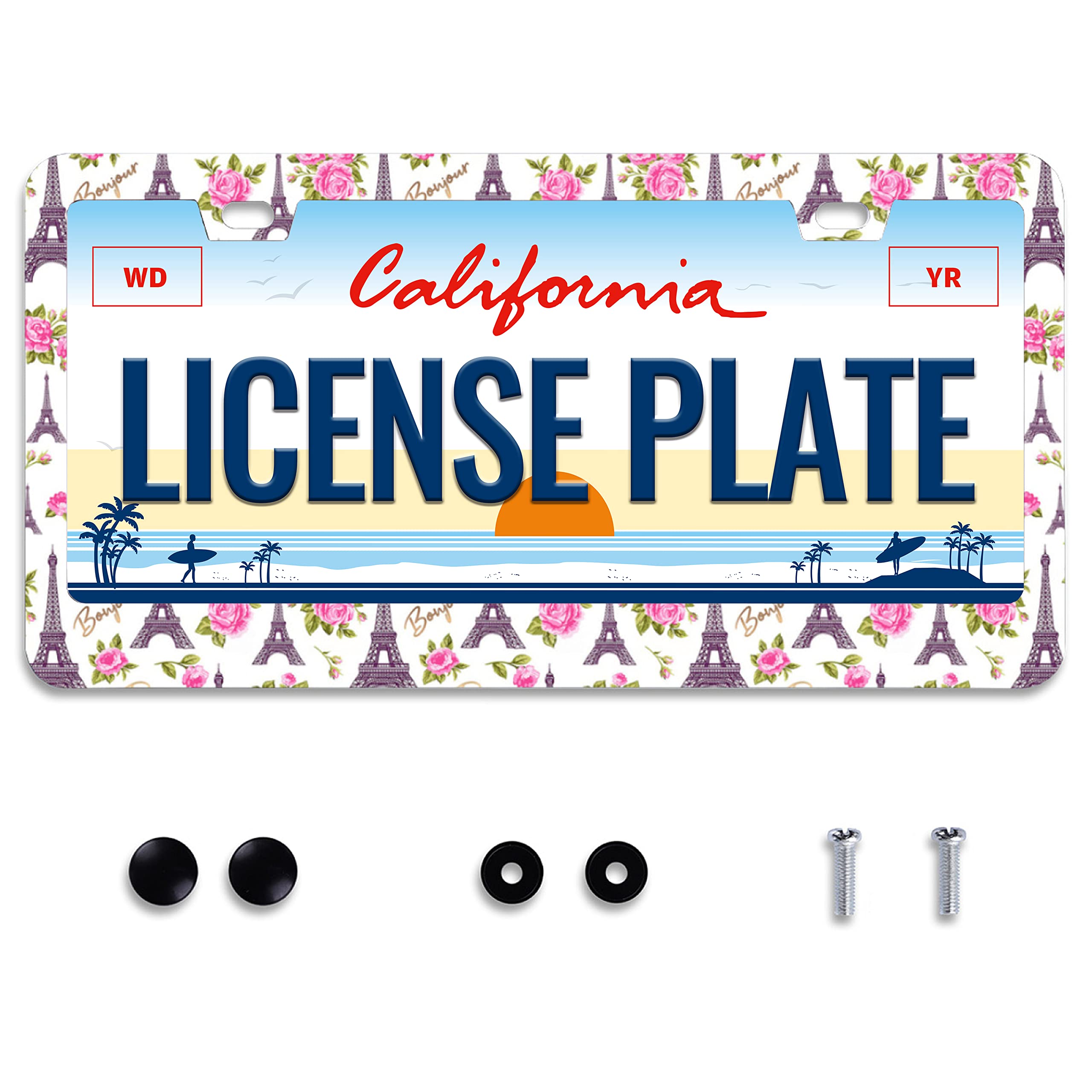 Eiffel Tower Flowers License Plate Frame Bonjour French Paris Stainless ...