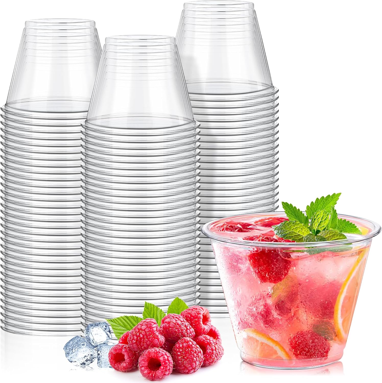 100 Pack 9 OZ Clear Plastic Cups, Disposable Party Cups Hard PET ...