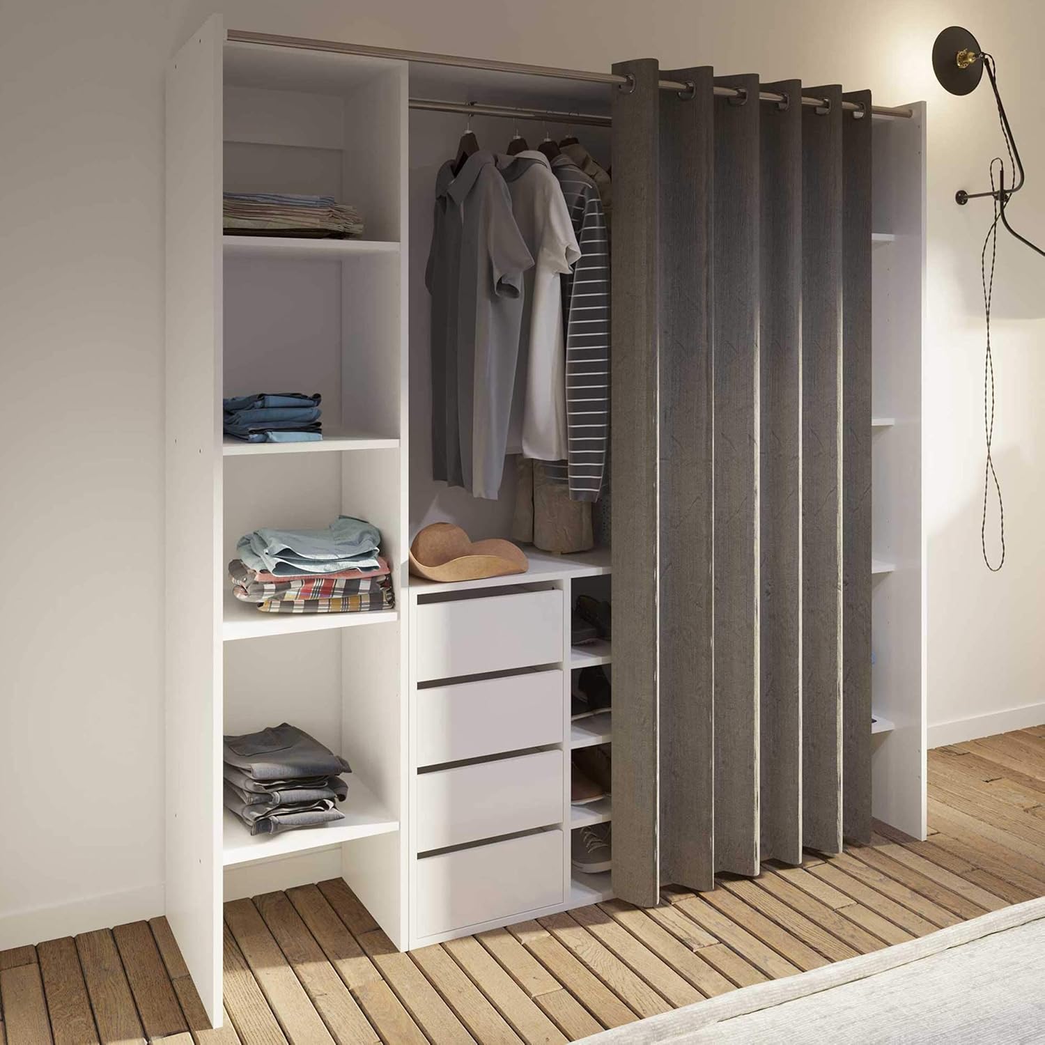 Dressing 2 Colonnes et Bloc avec 4 Tiroirs Bois Blanc/Taupe 185,3 x 182 ...