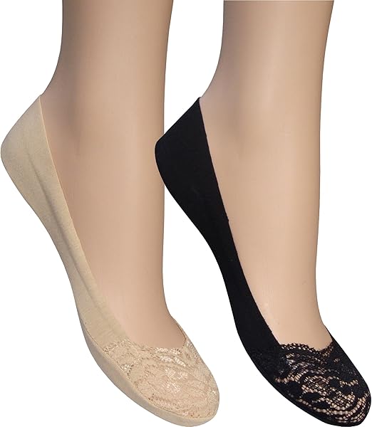 Women's Invisible Low Cut Black & Nude Lace Toe Cotton Footlets with ...