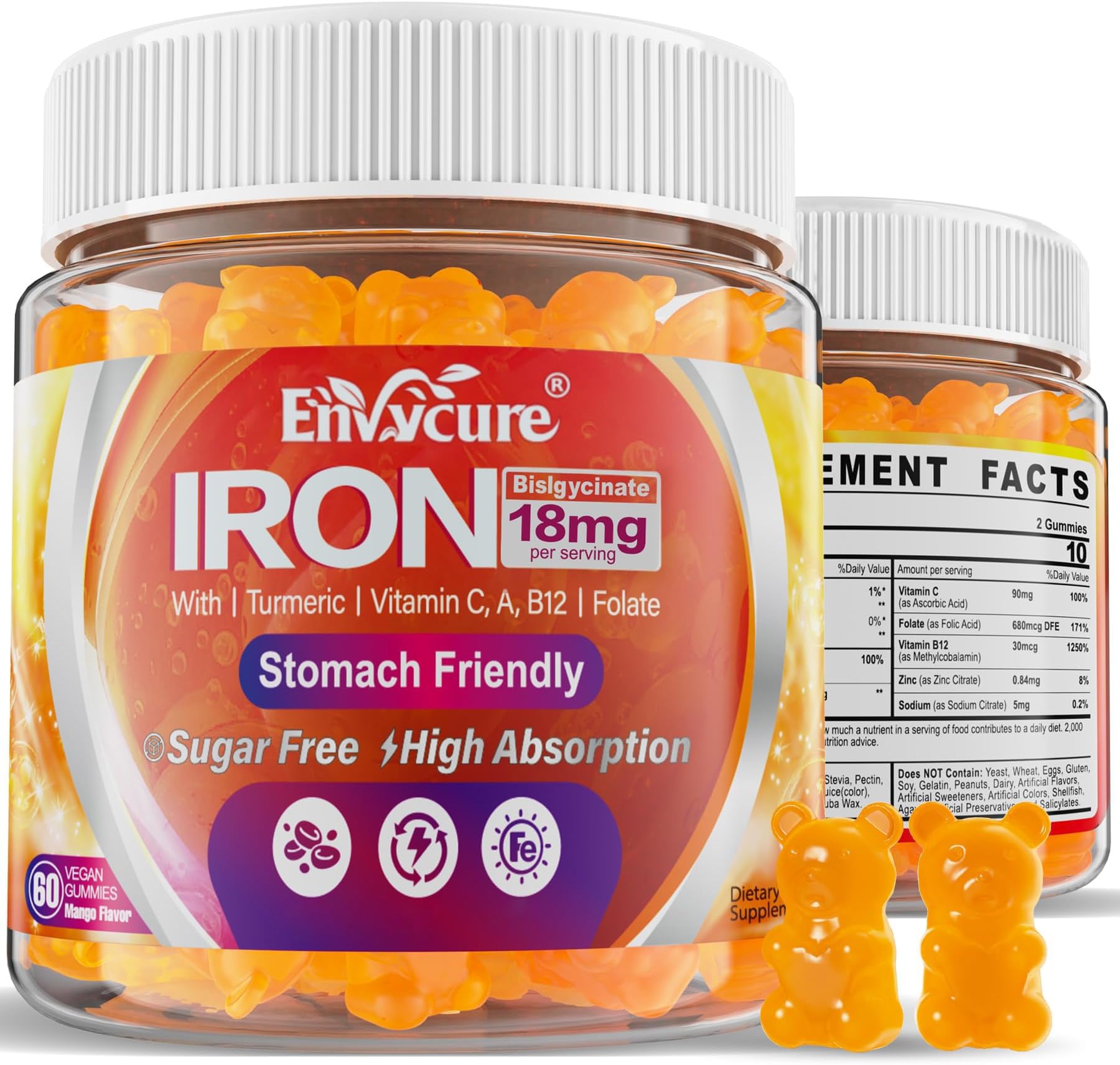 Amazon.com: Vegan Iron Gummies Supplement with Vitamin C, B12, Folate & Turmeric - Energy ...