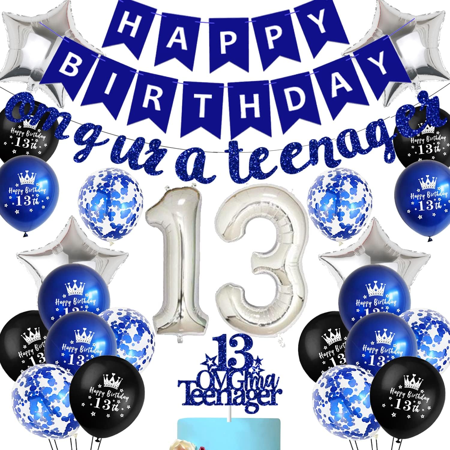 Amazon.com: ayiho 13th Teenager Birthday Decorations Dark Blue Sliver ...