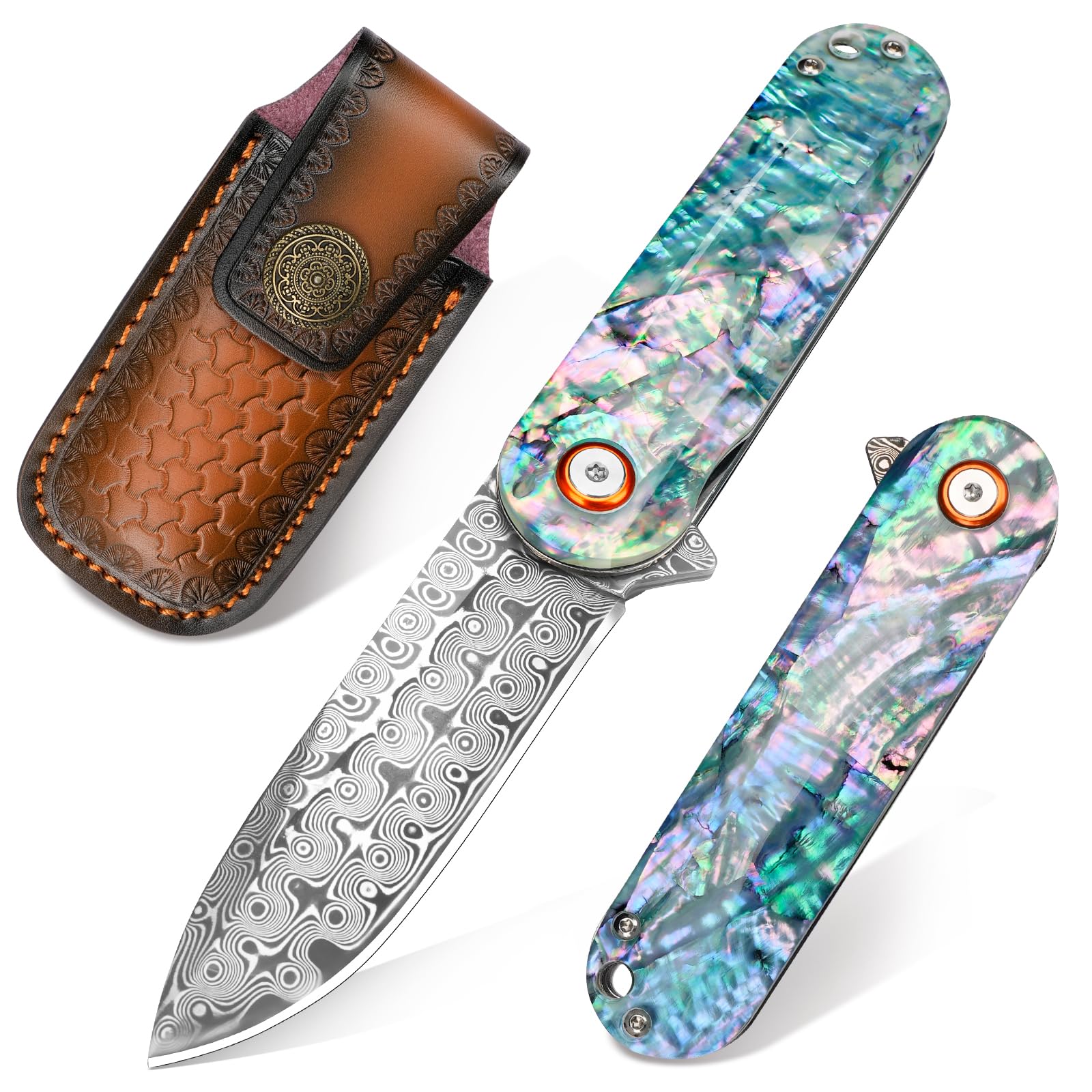 Amazon.com : Zingbee Damascus Pocket Knife with Sheath 2.95" Damascus ...