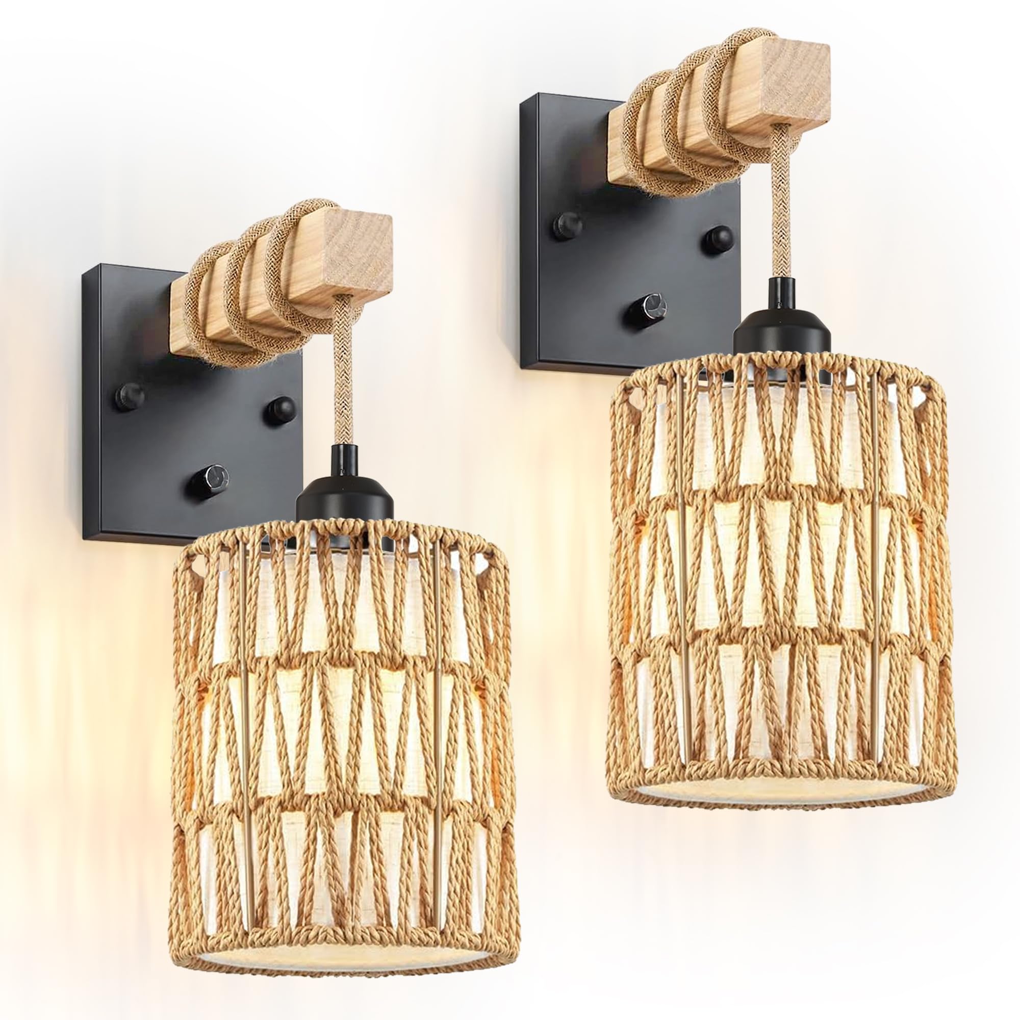 ZECOXOL Rattan Wall Sconces Set of Two,Farmhouse Wall Lights with ...