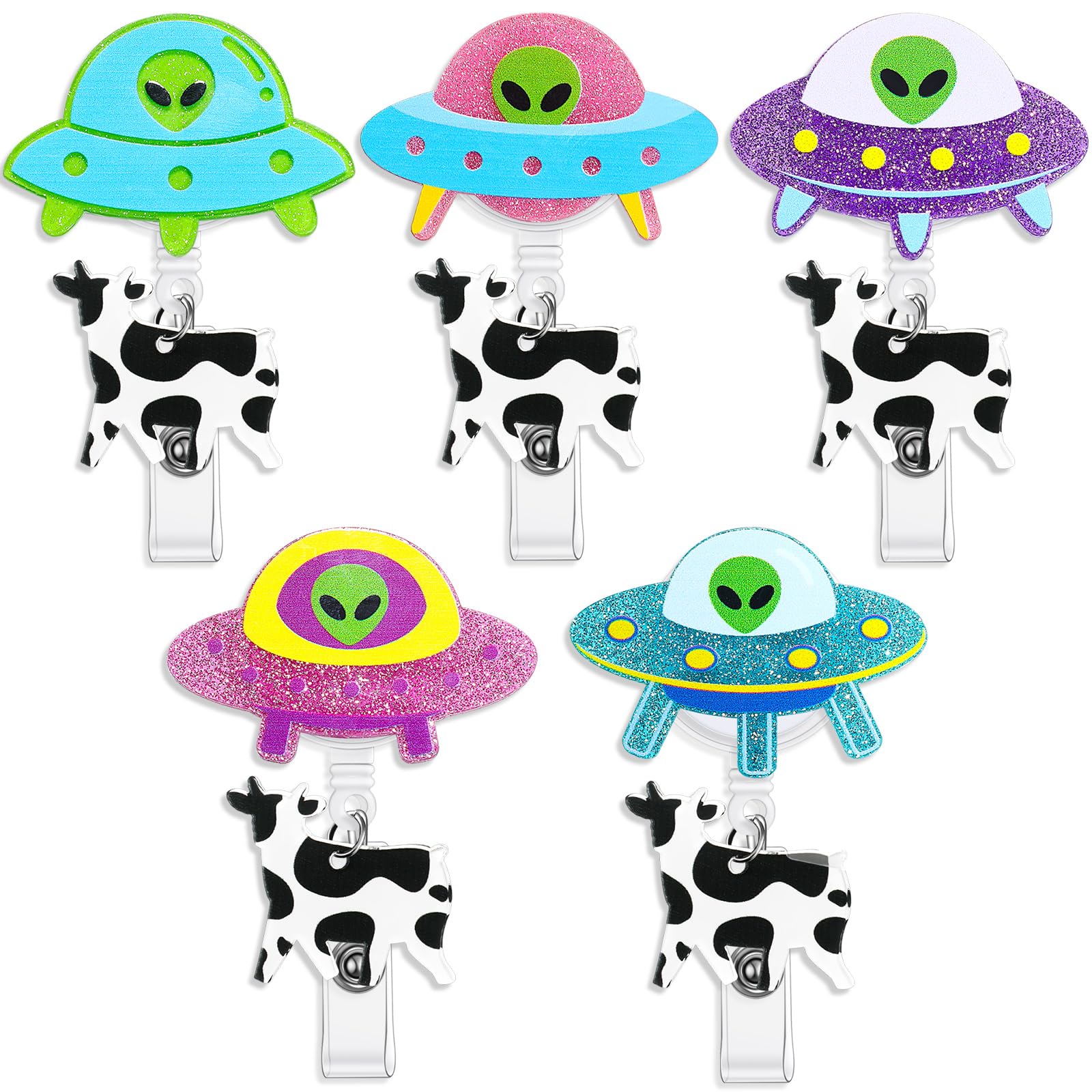 Amazon.com : Dunzoom 5 Pcs Alien Badge Reel Glitter UFO Cow Badge Reel ...