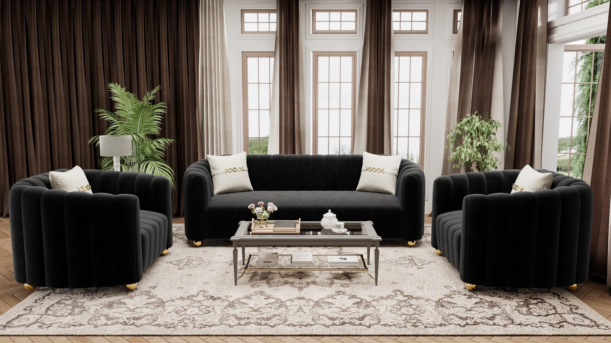 Amazon.com: yunqishi KEAI Black Velvet Tufted Sofa Set for Living Room ...