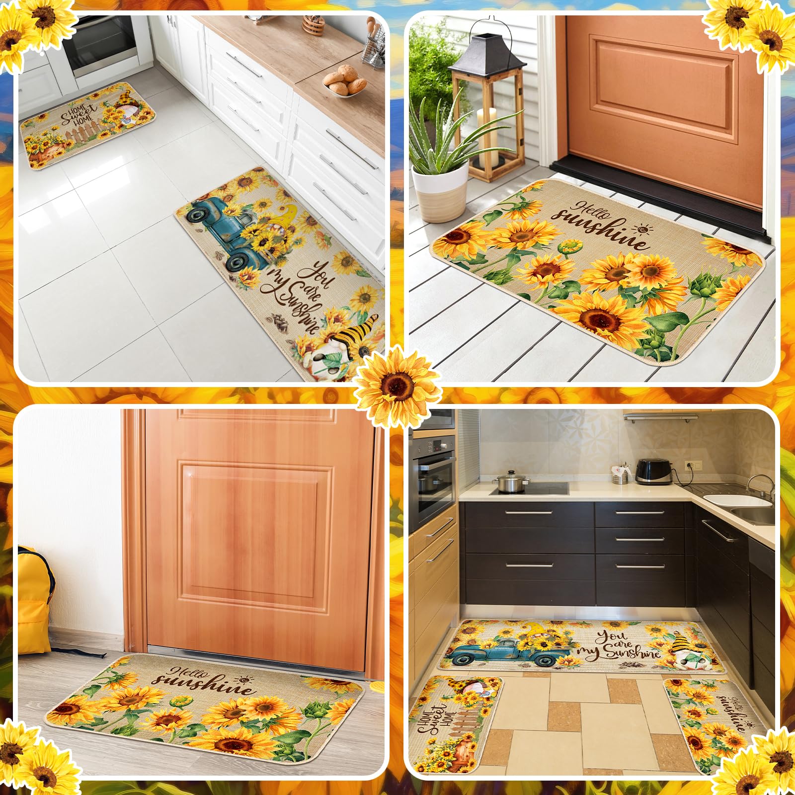 Timgle 3 Pcs Sunflower Themed Kitchen Rugs, Gnomes Rug Retro Style Non ...
