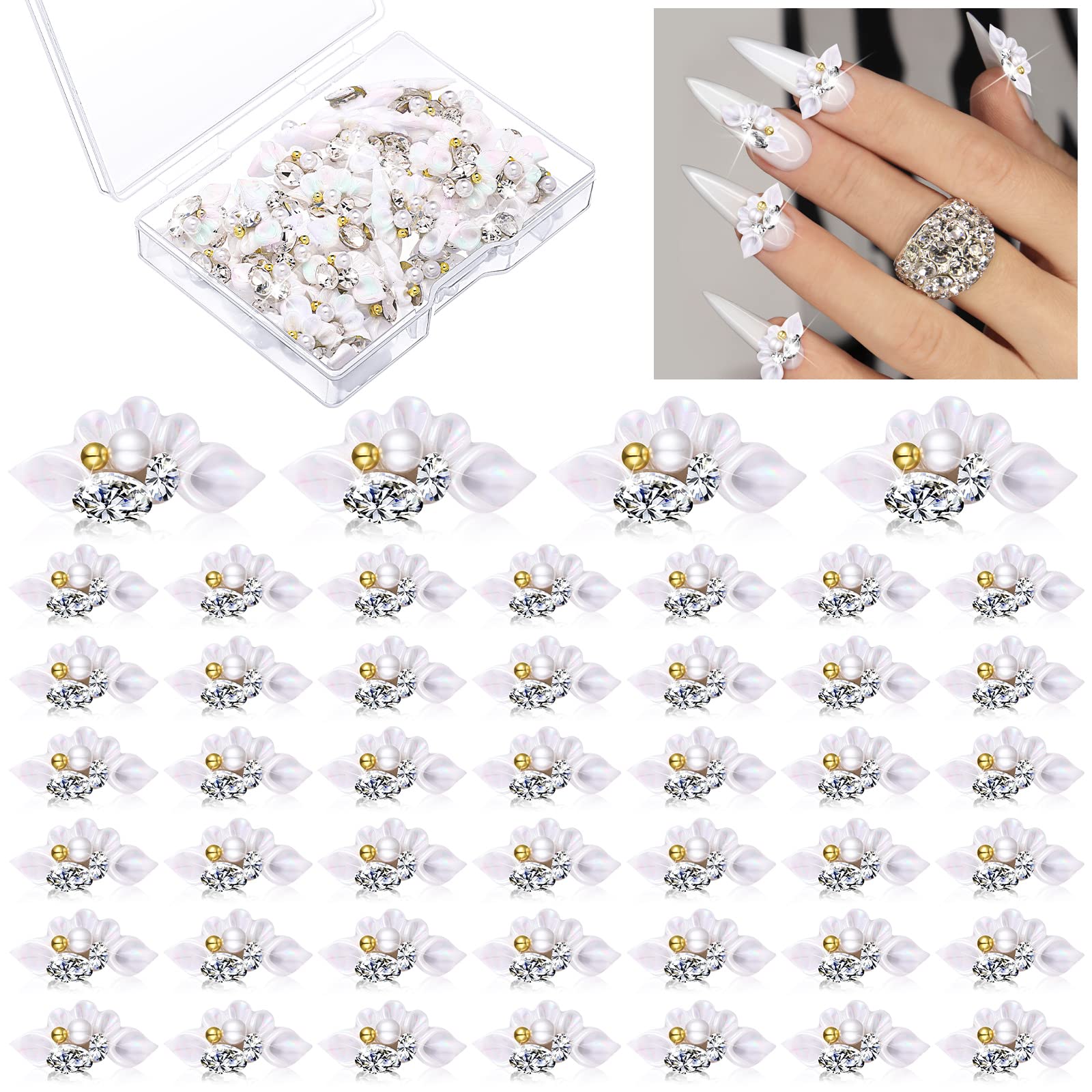 Amazon.com: 50 Pcs White 3D Flower Nail Charms Acrylic Flowers Star ...