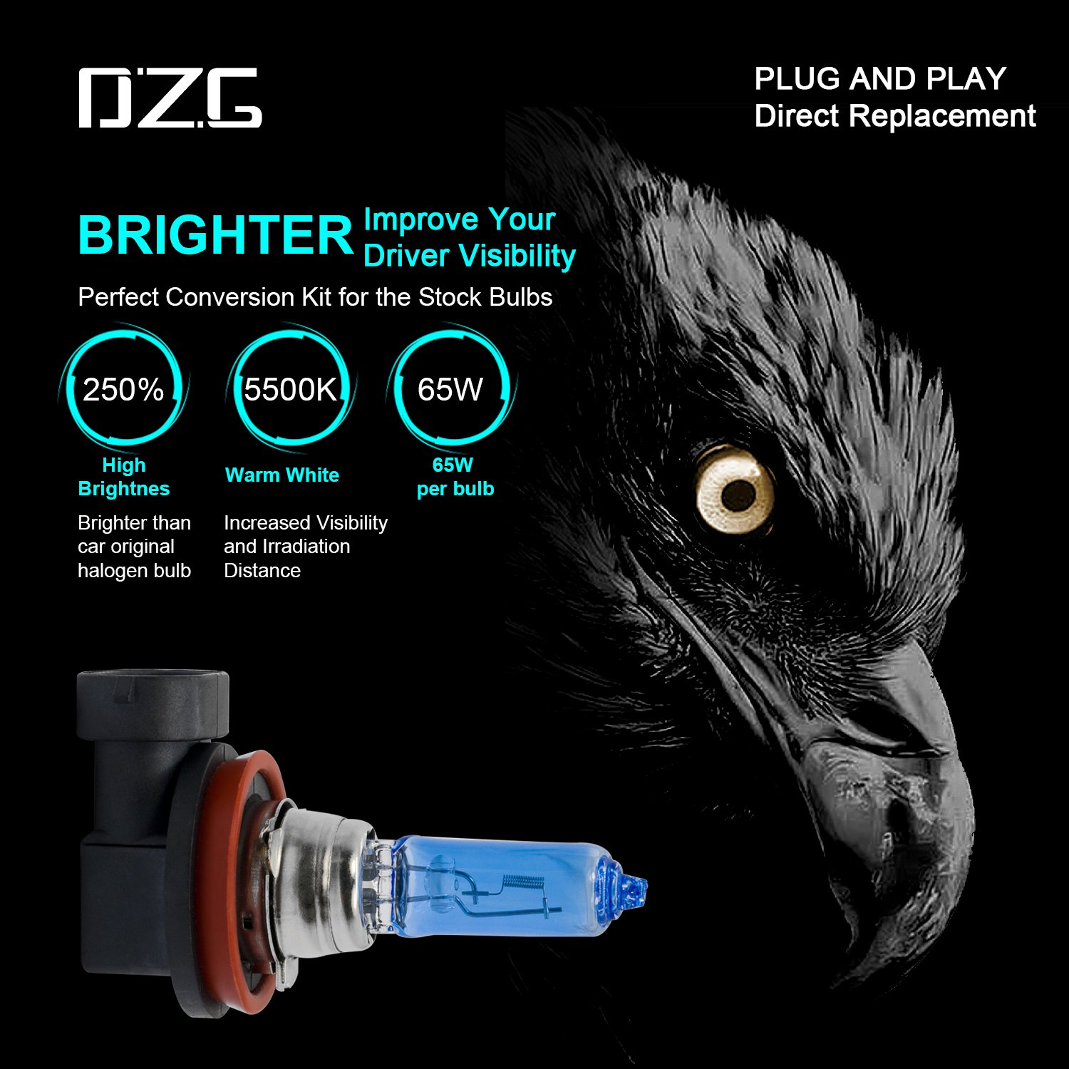 DZG H9 Halogen Bulbs 12V 65W Headlight Lamps 5000K Warm White Fog Light ...