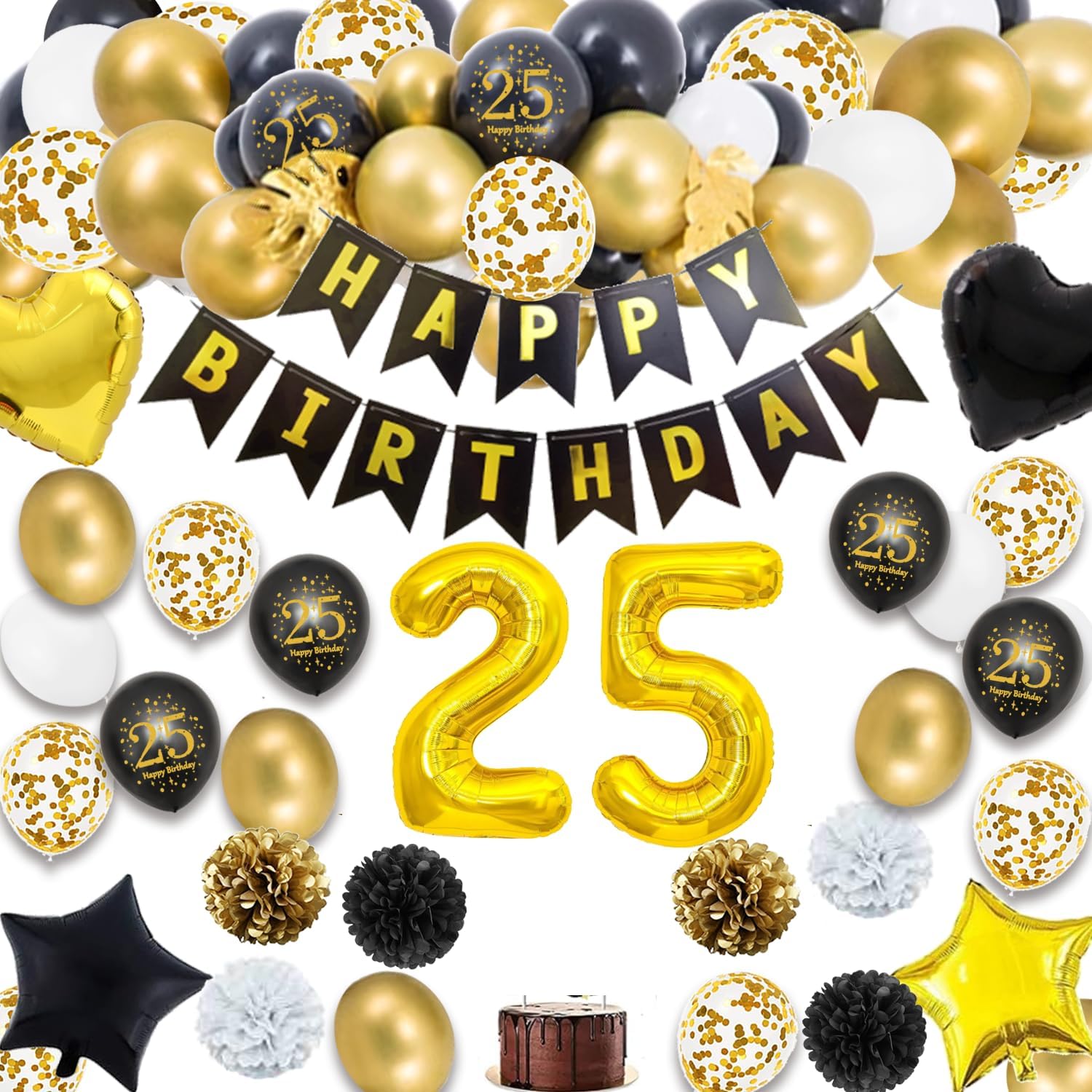 25th Birthday Decorations for Men Women,Black Gold Balloon Garland Kit ...