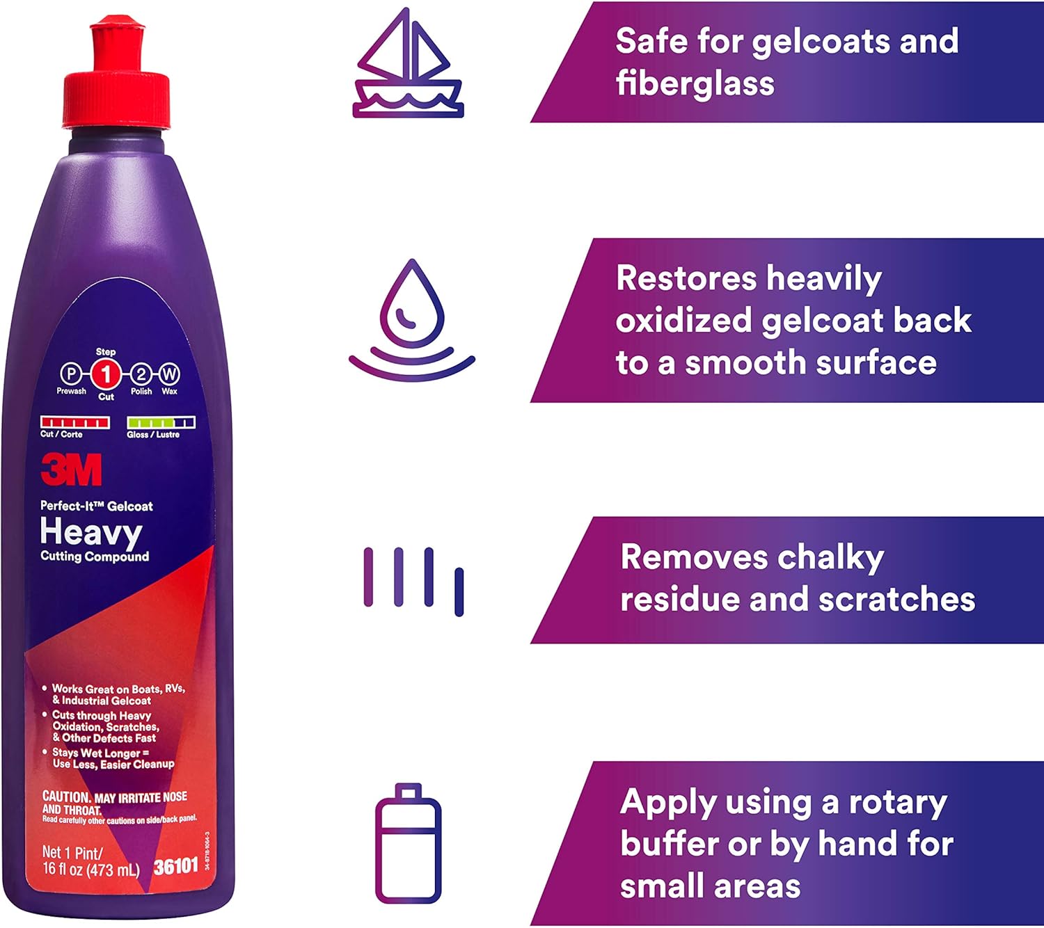 3M Perfect-It Gelcoat – Compuesto de corte pesado, 36101, 1 pinta, removedor de oxidación de ...