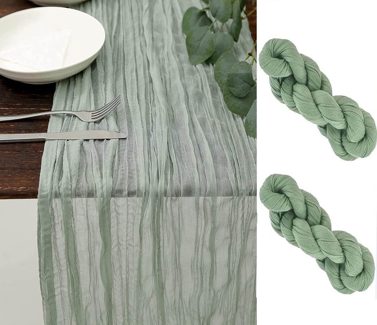 HaMoSena 2 Stück 90 x 400 cm, salbeigrün, Seihtuch-Tischläufer, lang ...