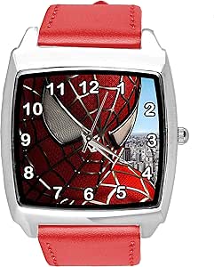 Taport® Quartz Watch Red Leather Strap Round for Spiderman Fans E1, red ...