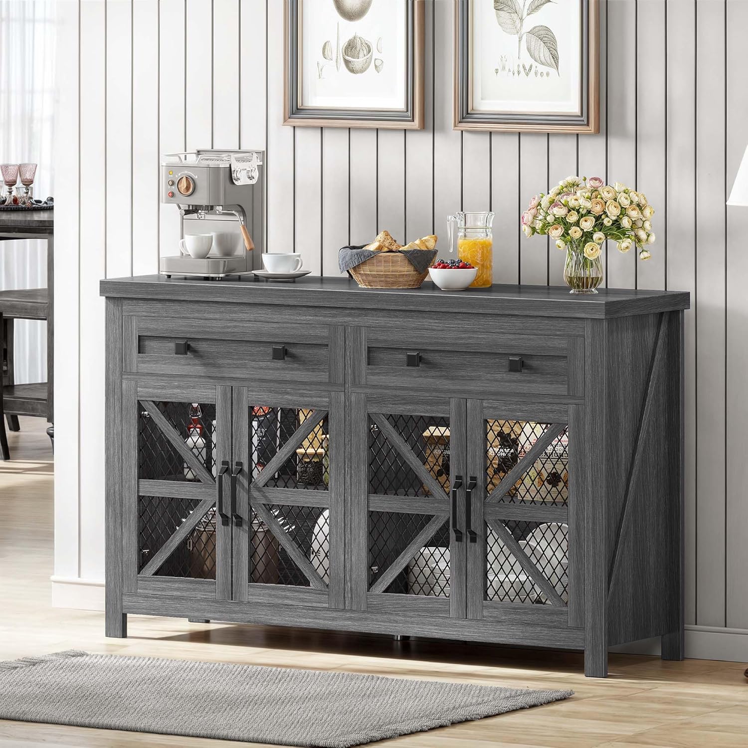 63 Inch Dark Grey Sideboard DWVO 63" Farmhouse Sideboard Buffet Cabinet ...