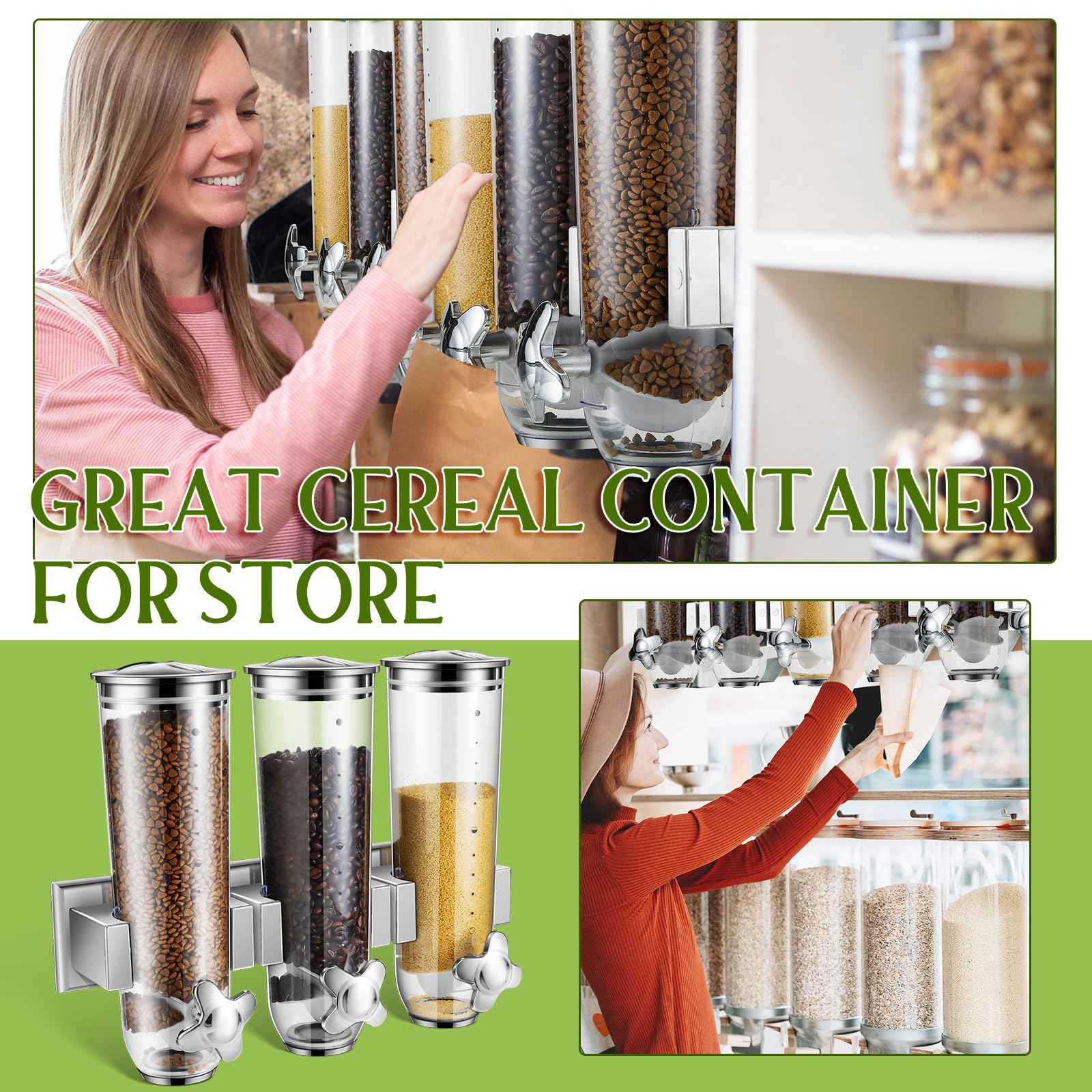 Umigy Candy Dispenser Wall Mounted, Triple Dry Cereal Dispenser Grain ...