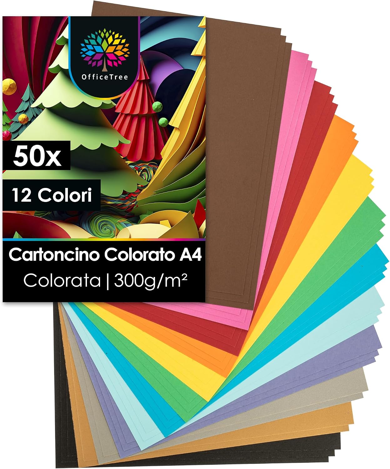 OfficeTree 50x Cartoncini Colorati A4 300g - 12 Colori - Fogli ...