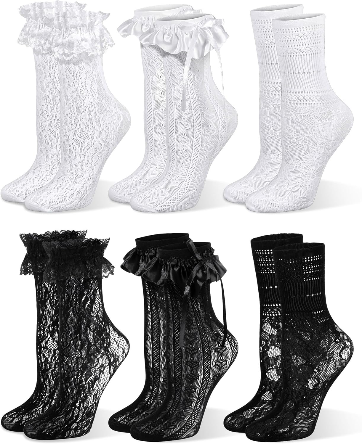 Amazon.com: Subesty 6 Pairs Lace Ruffle Socks for Women, White Black ...